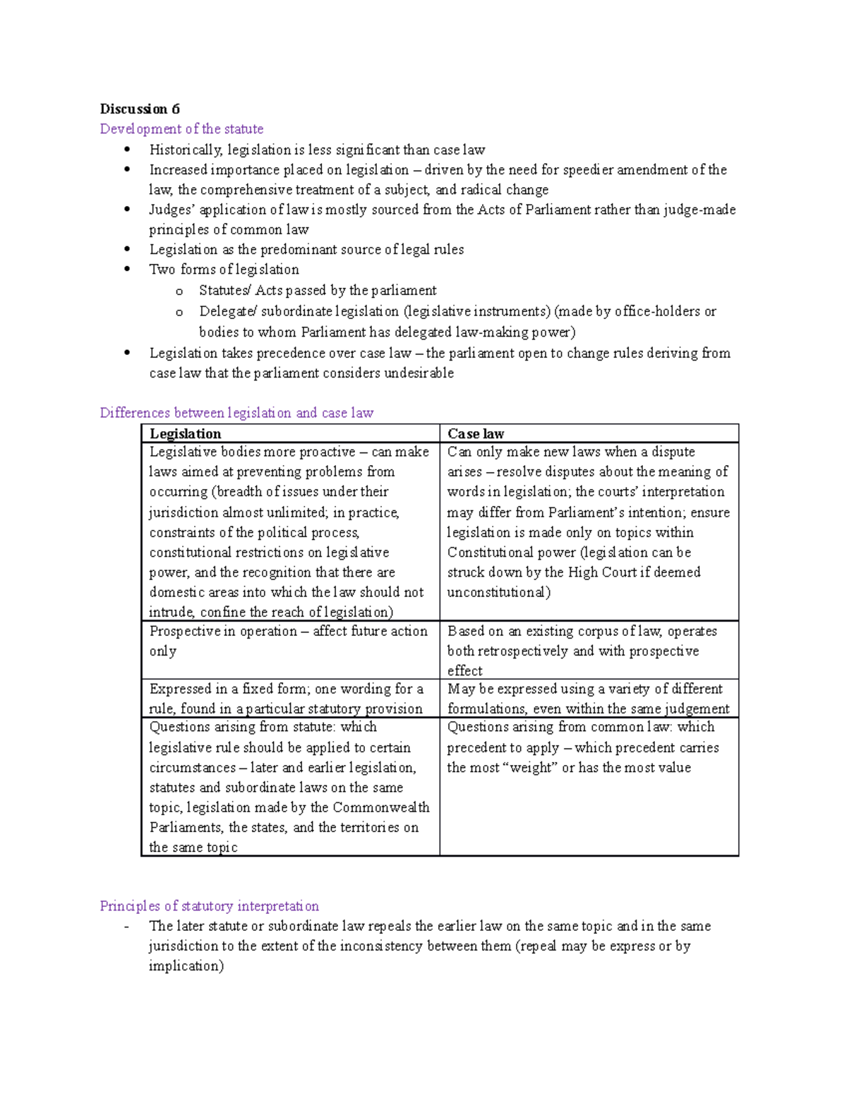 Week 6 tutorial work - Discussion 6 Development of the statute Historically, legislation is less ...