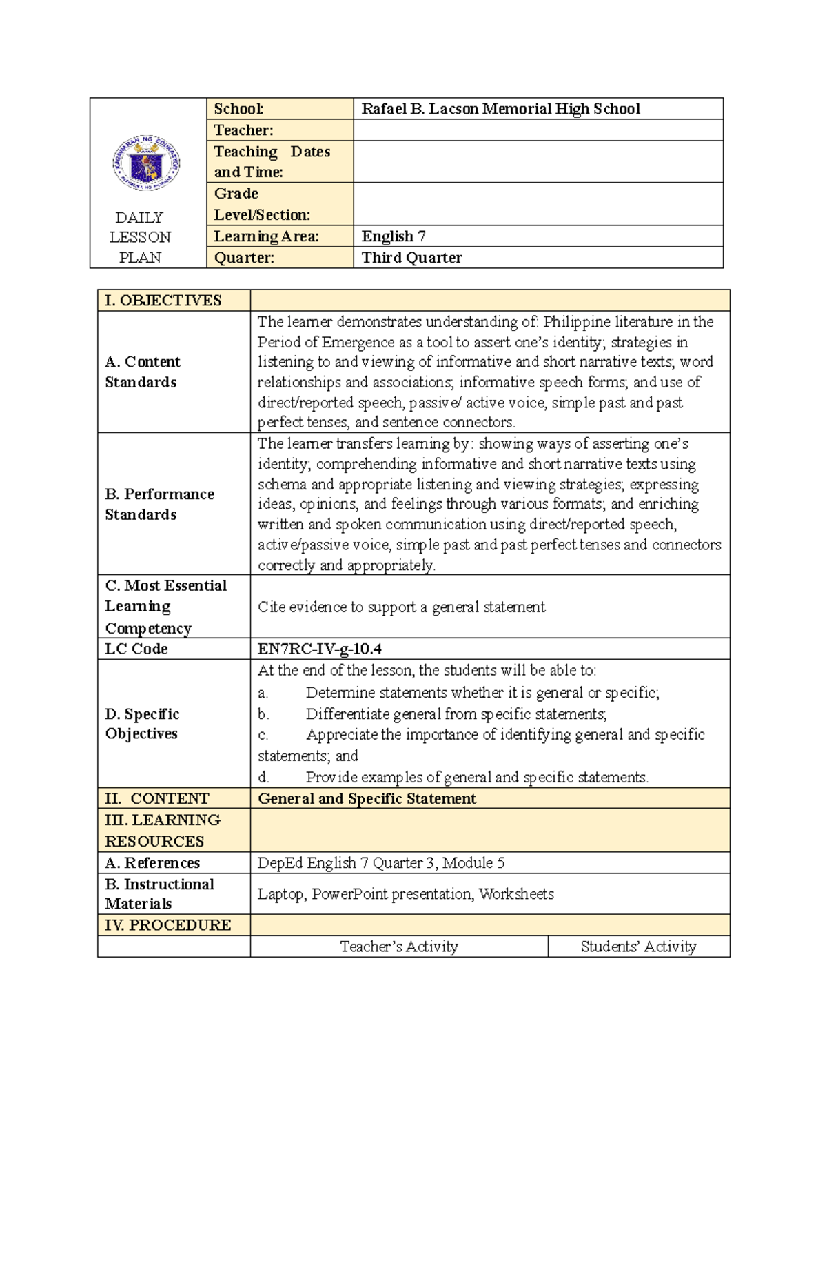 Cite evidence to support a general statement LP - I. OBJECTIVES A ...