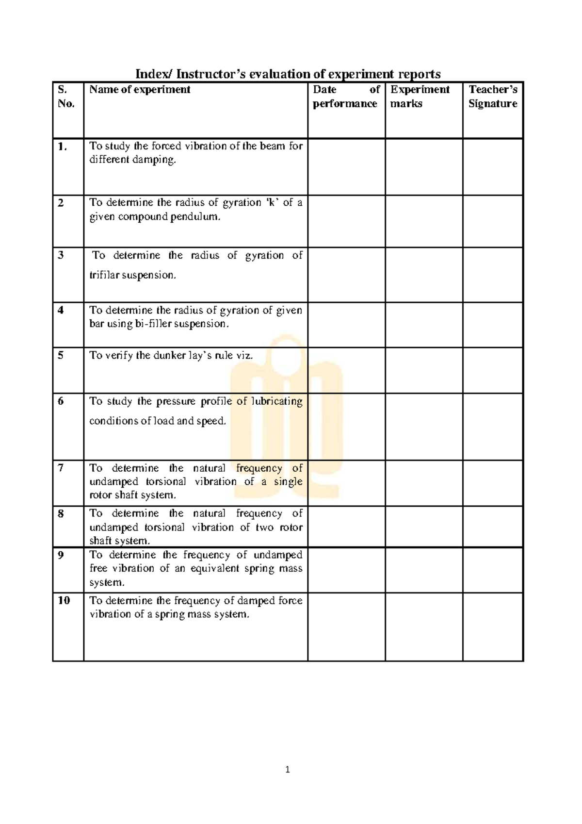 Mechanical vibration lab manual - Index/ Instructor’s evaluation of ...