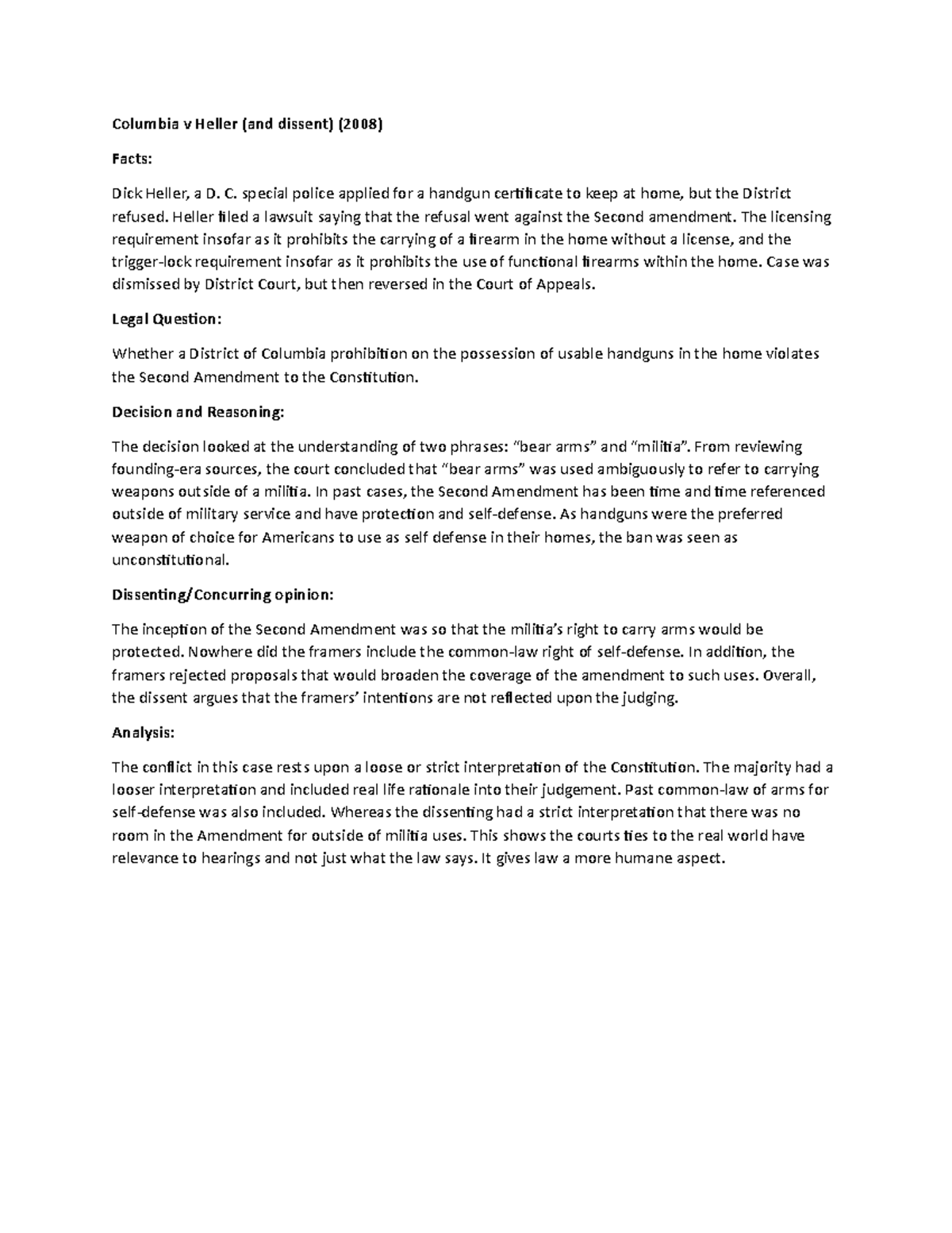9.12 case briefs - case briefing - Columbia v Heller (and dissent ...