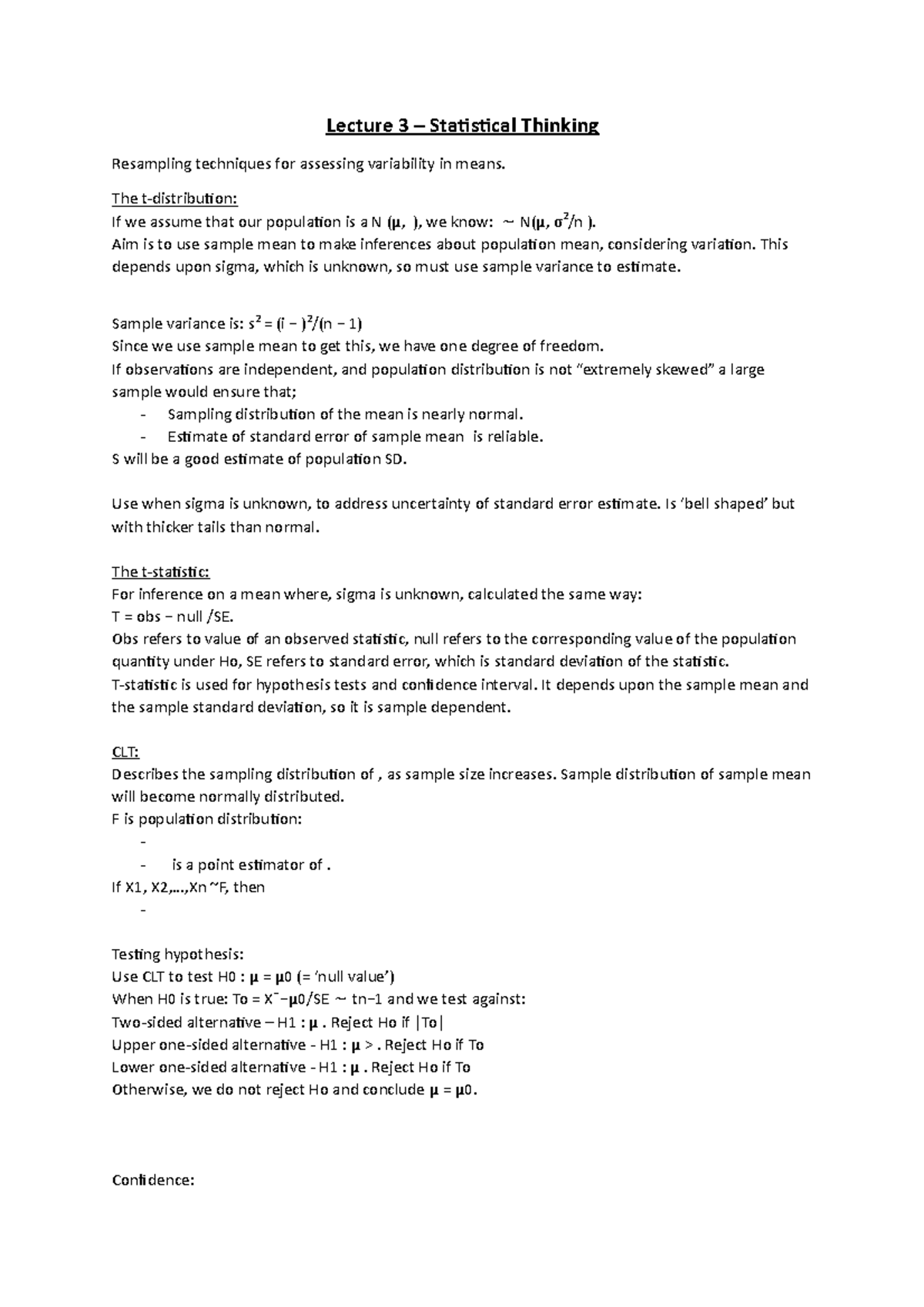 Lecture 3 Statistical Thinking Lecture 3 Statistical Thinking Resampling Techniques For