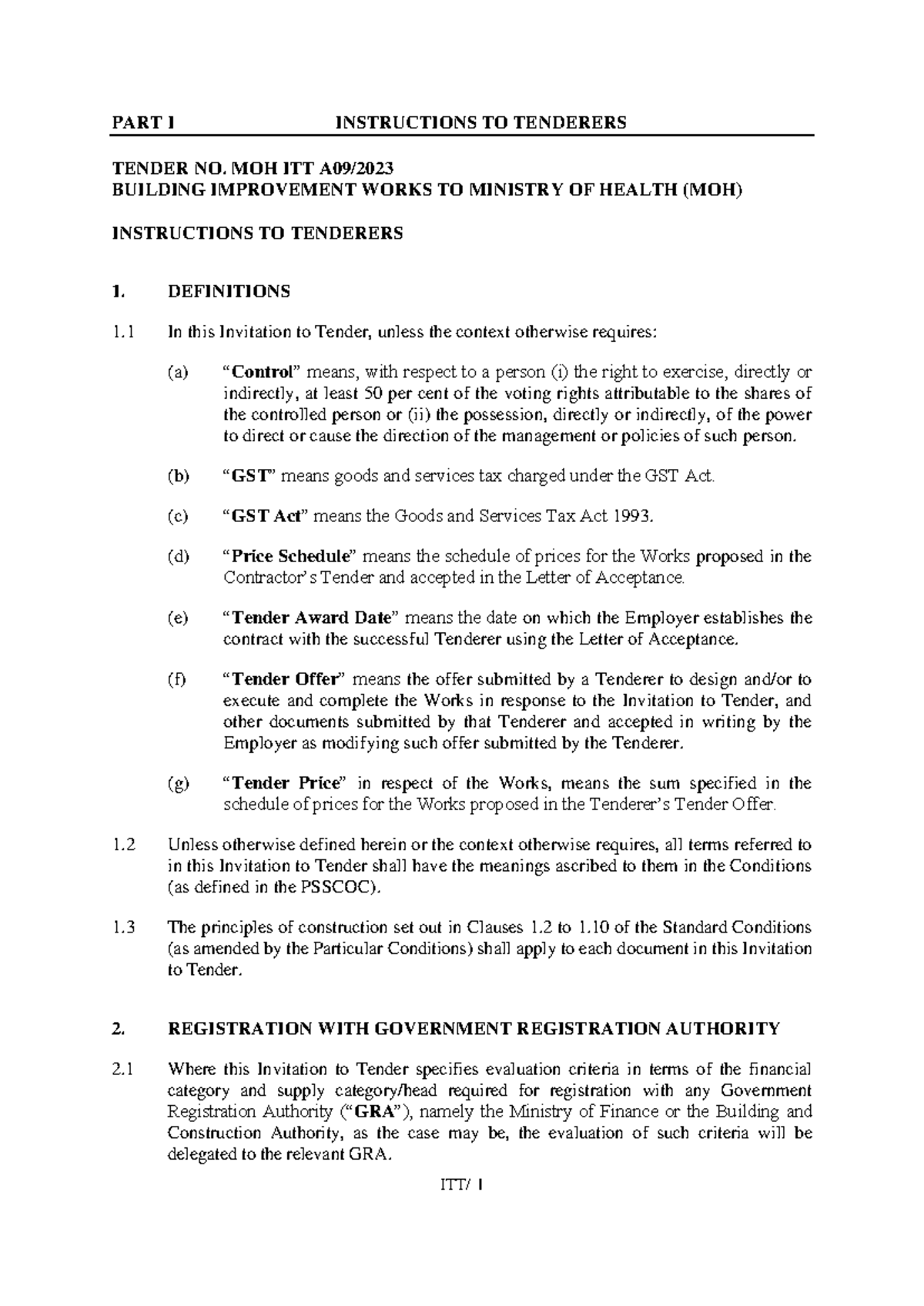 001 Part I ITT - ITT - PART I INSTRUCTIONS TO TENDERERS TENDER NO. MOH ...