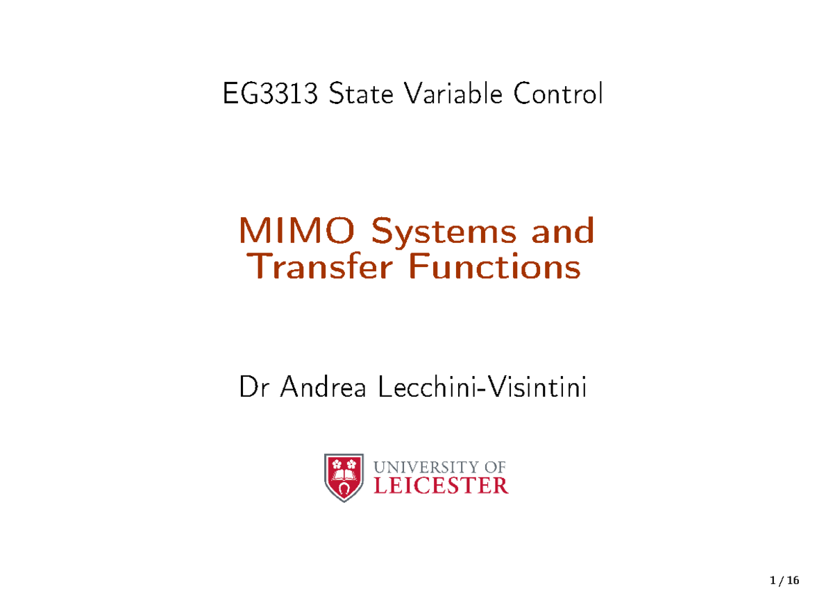 Week 2 - MIMO Systems and Transfer Functions - EG3313 State Variable ...
