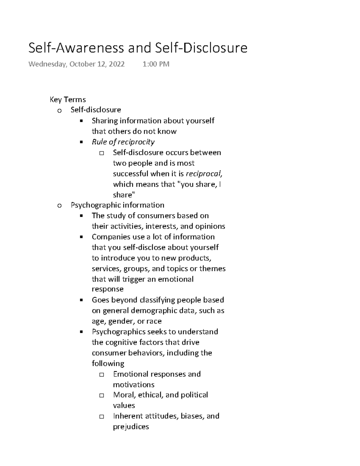 Self-Awareness and Self-Disclosure - Key Terms Self-disclosure Sharing ...