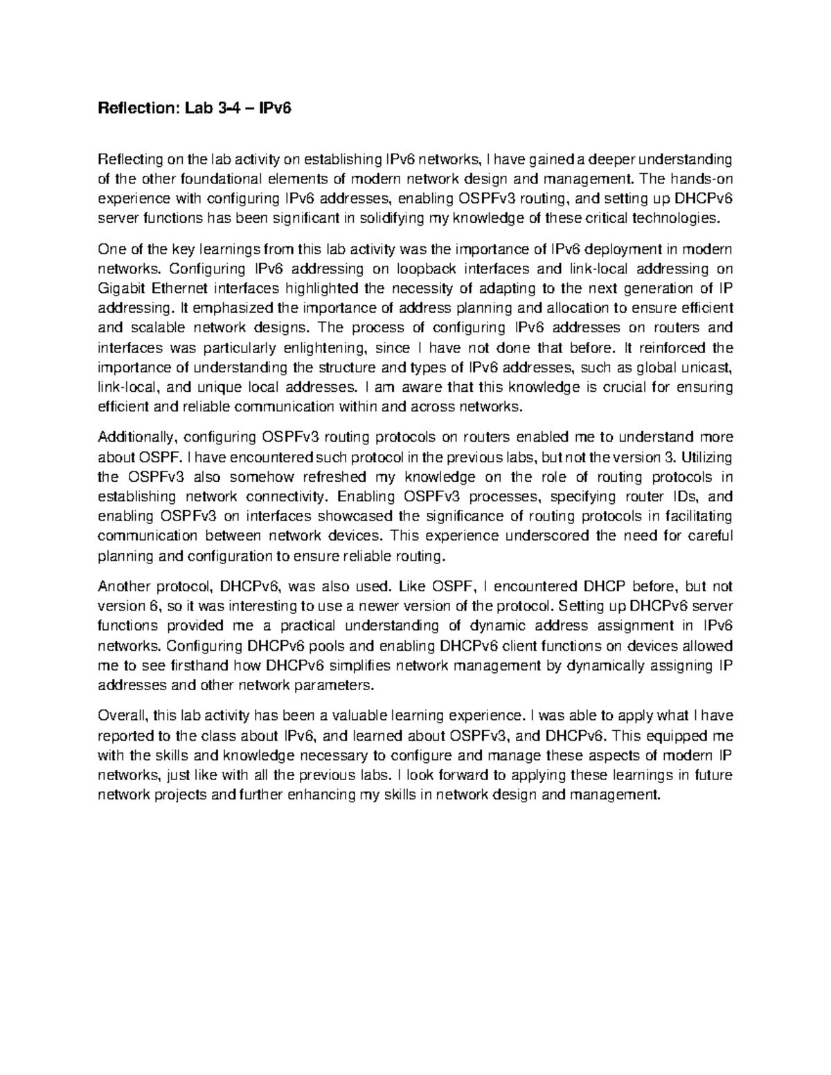 Lab 3-4 Reflection - Reflection: Lab 3- 4 – IPv Reflecting on the lab activity on establishing ...