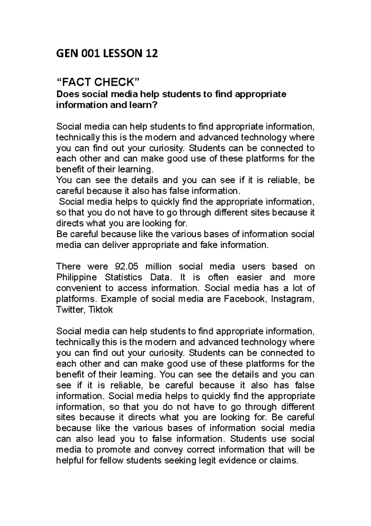 GEN 001 Lesson 12 - GEN 001 LESSON 12 “FACT CHECK” Does social media ...