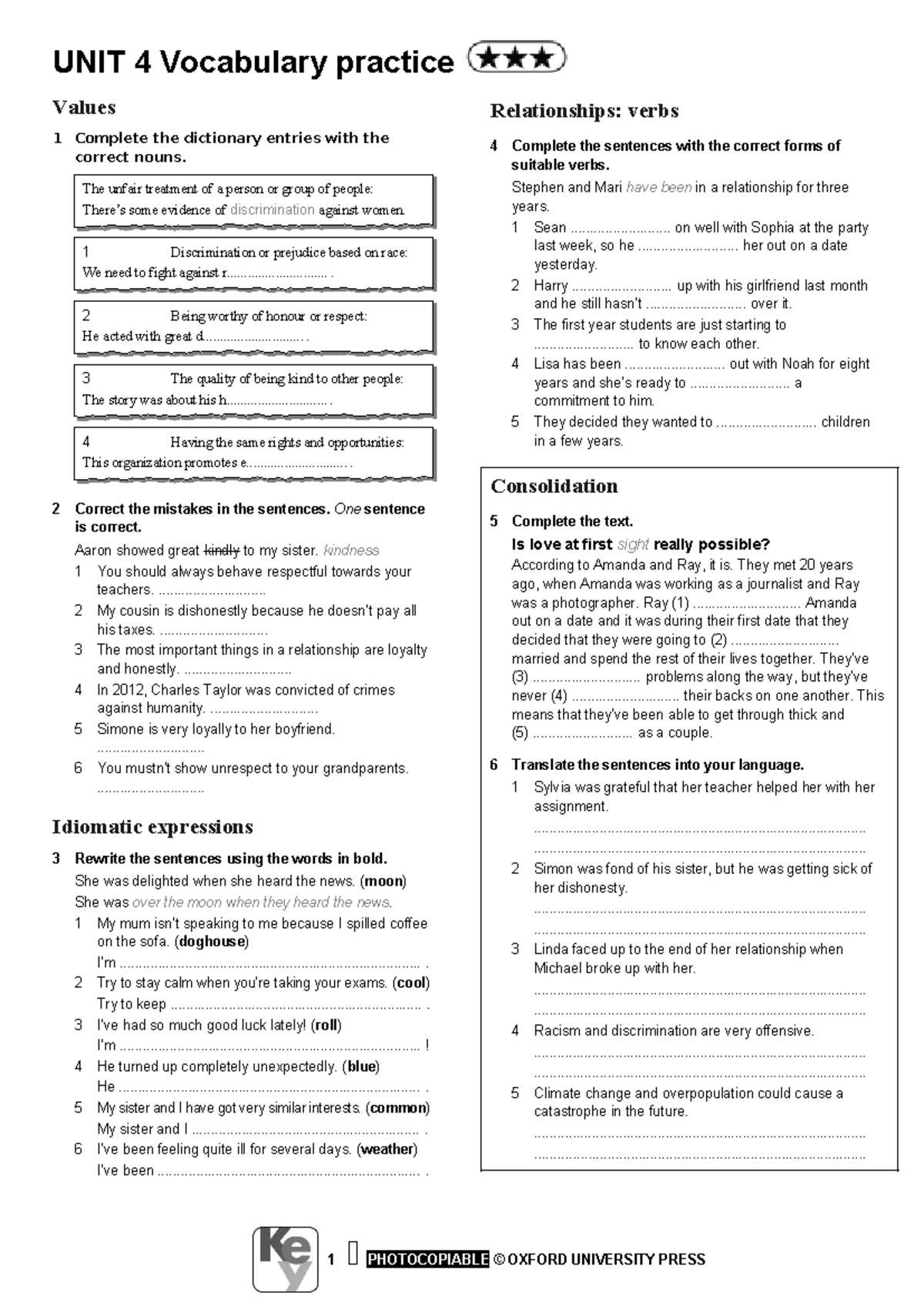Vocabulary unit 4 3star - UNIT 4 Vocabulary practice Values 1 Complete ...