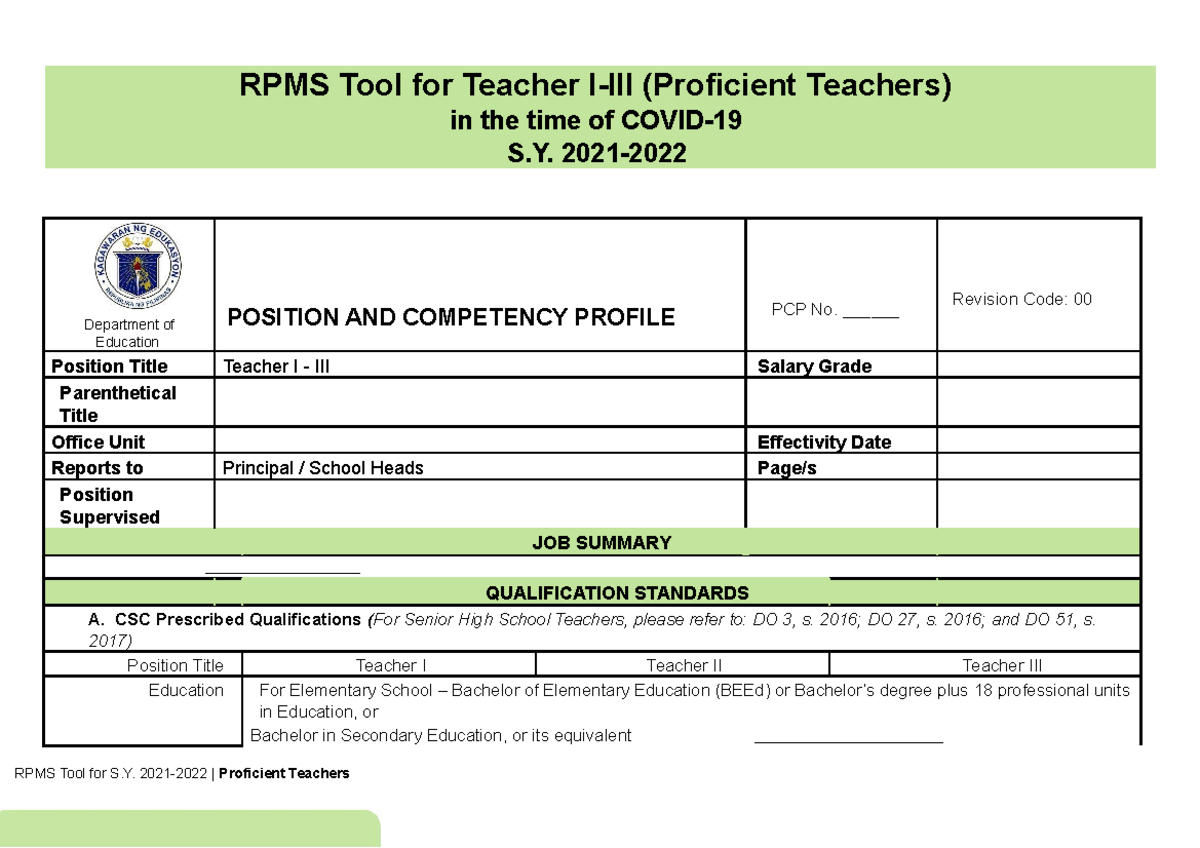 RPMS Tool for Proficient Teachers - RPMS Tool for Teacher I-III ...