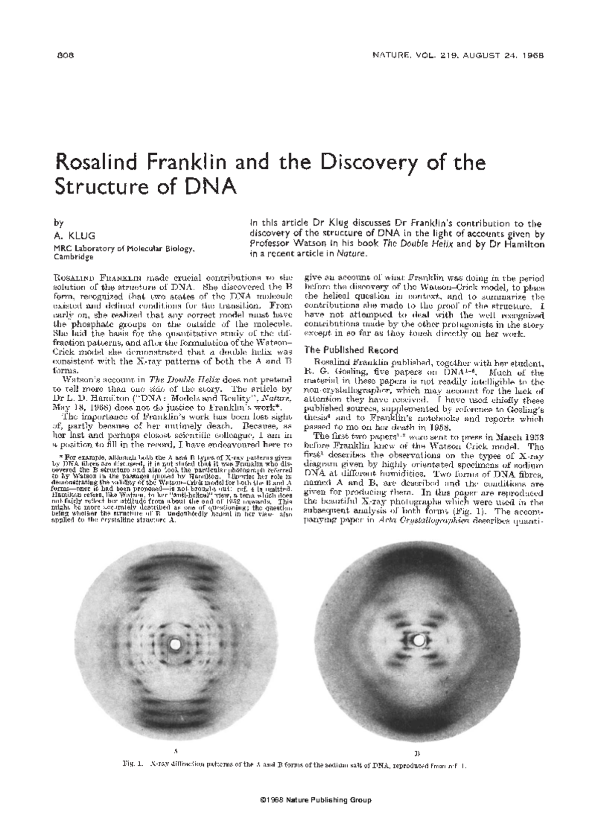 Rosalind Franklin and the Discovery of DNA 1968 - Hist 108 - Studocu