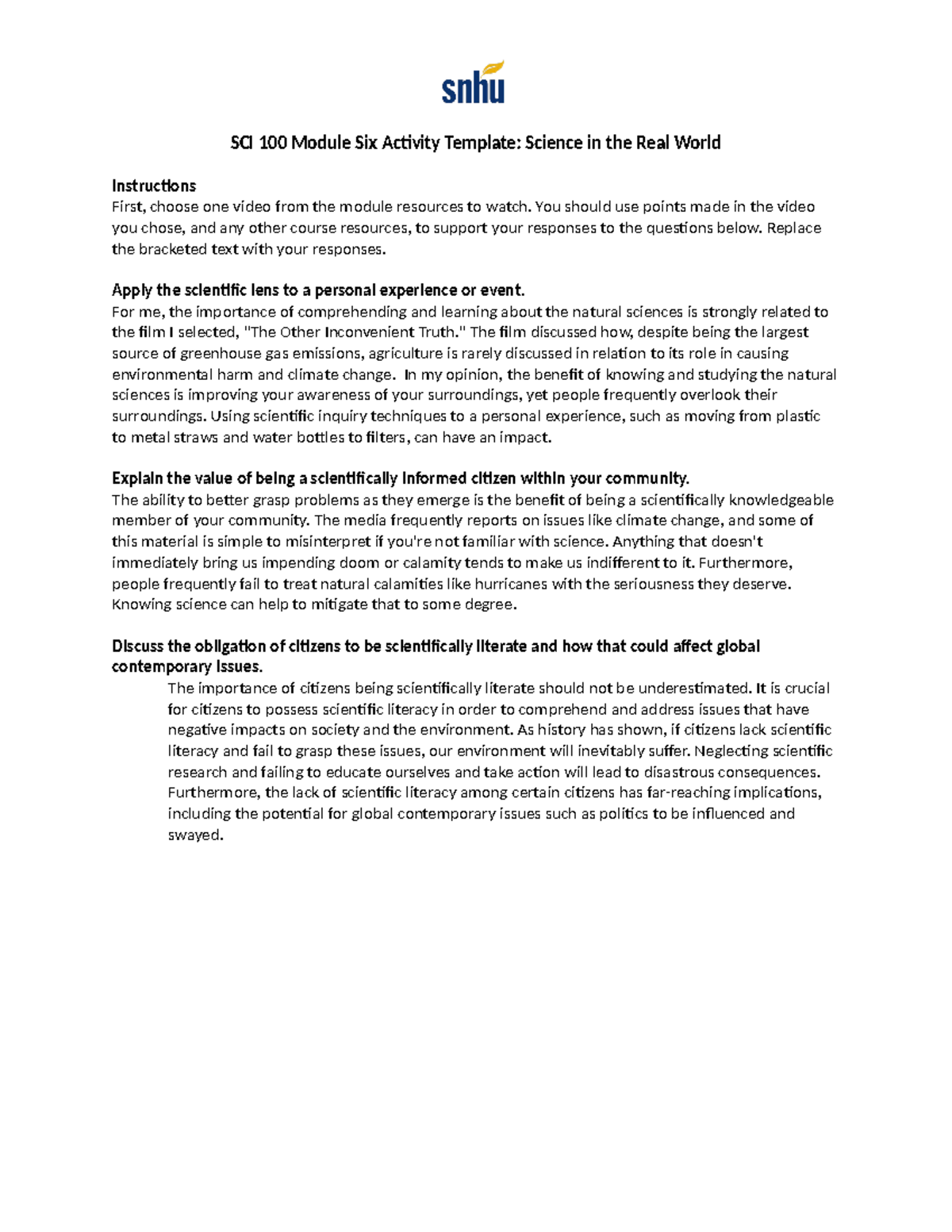 SCI 100 Module Six Activity Temp - You should use points made in the ...