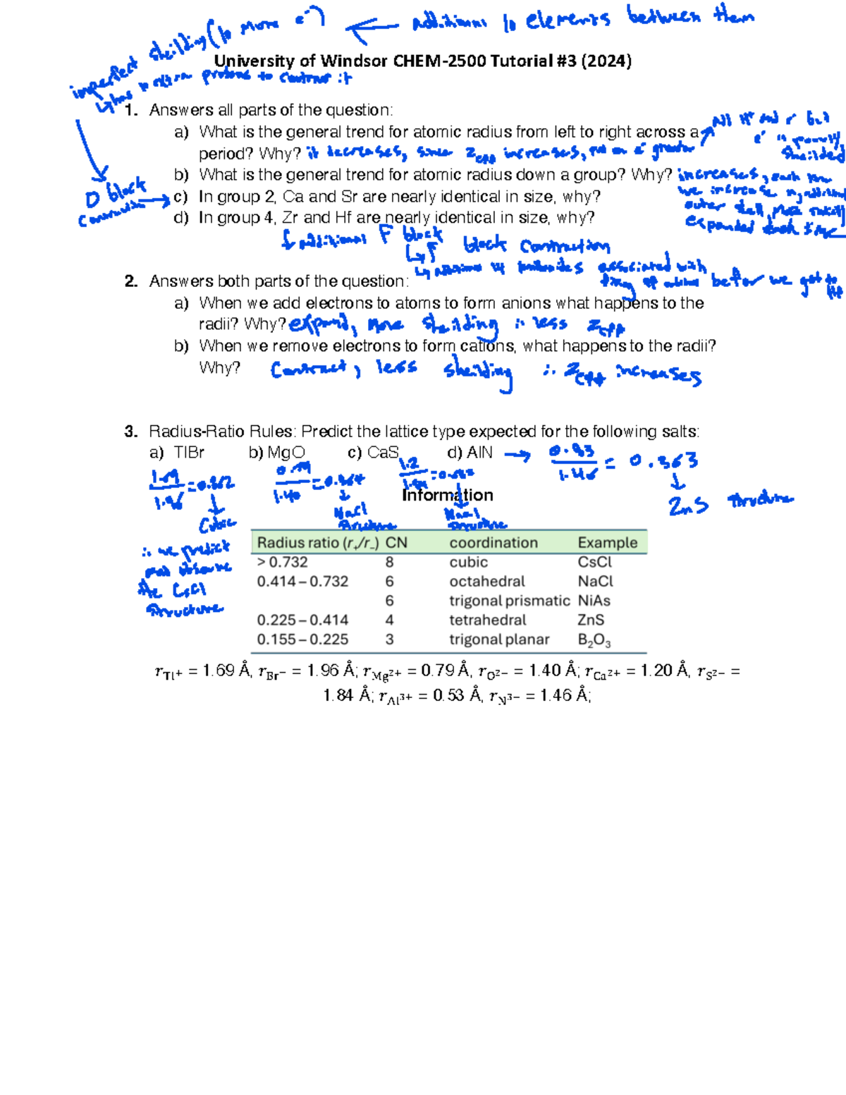 Tutorial 3 2024 - inorganic - University of Windsor CHEM-2500 Tutorial # 3 (2024) 1. Answers all ...