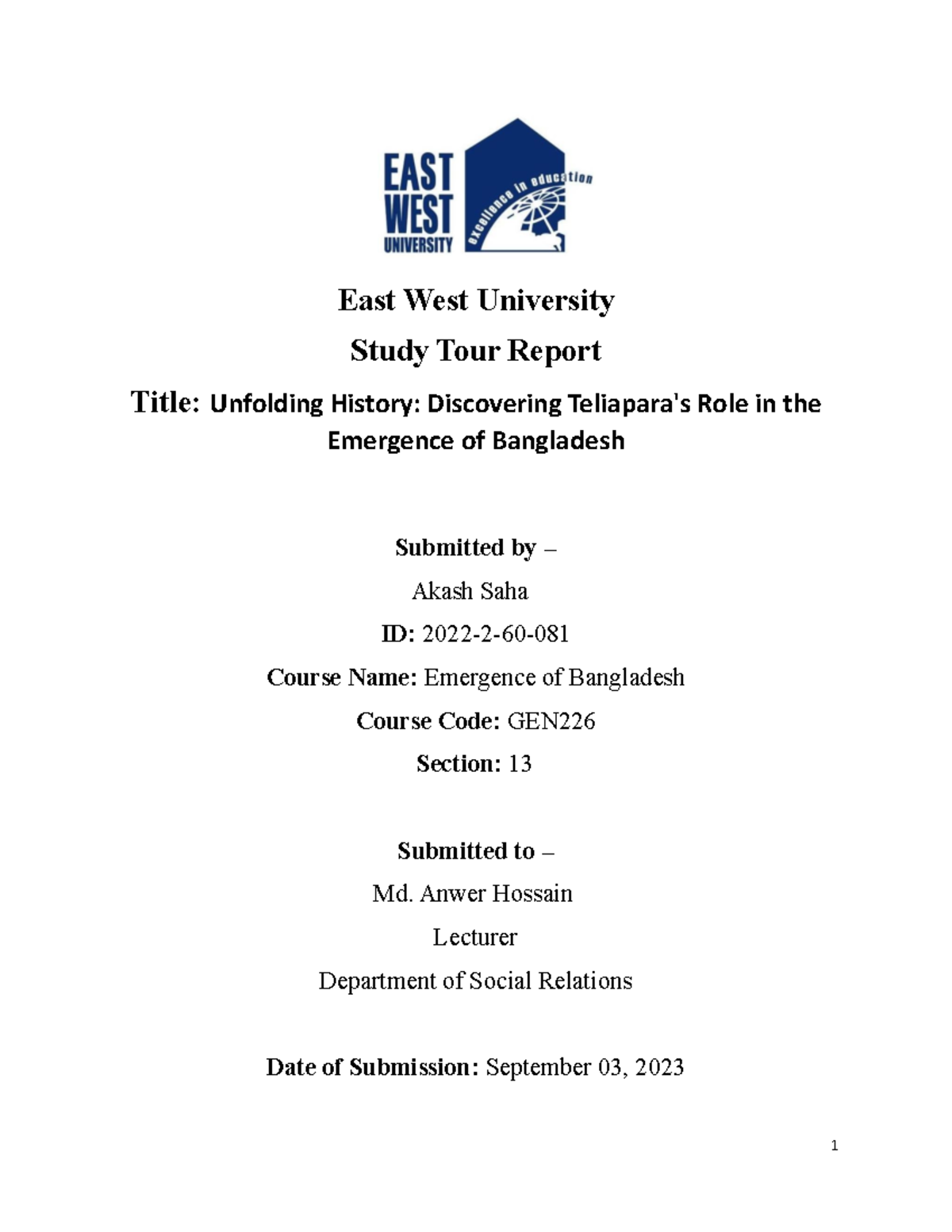 Study Tour Report - East West University Study Tour Report Title ...