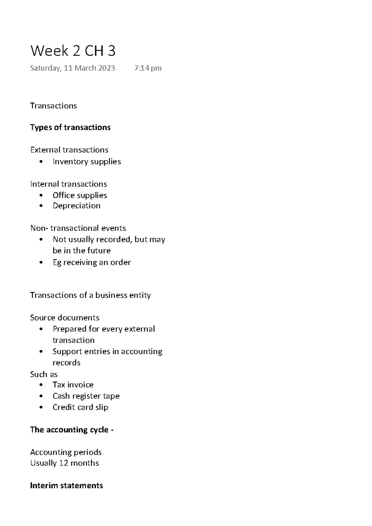 Week 2 CH 3 - Notes - Transactions Types of transactions External ...