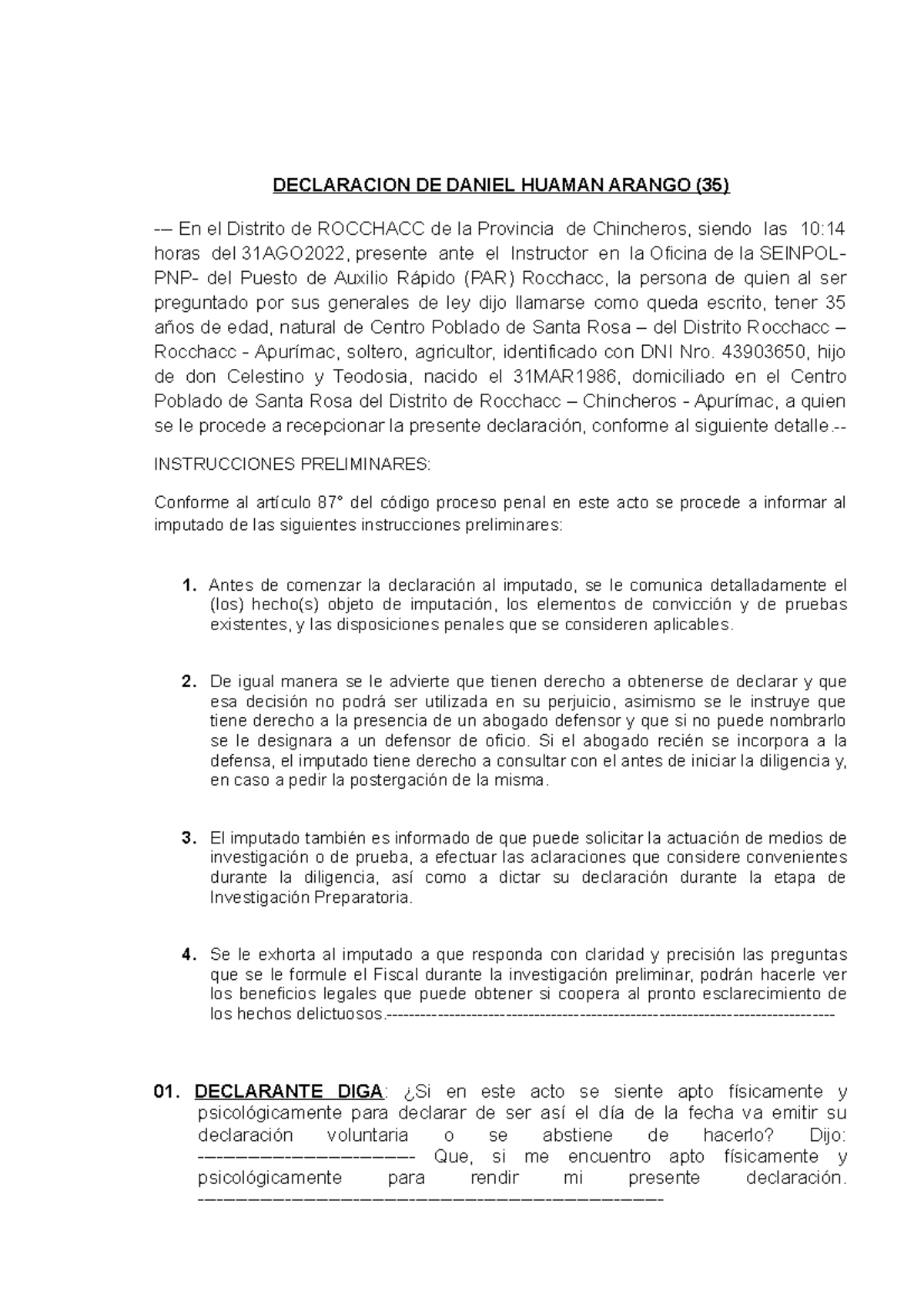 Declaración - declaracion - DECLARACION DE DANIEL HUAMAN ARANGO (35) - En el Distrito de ...