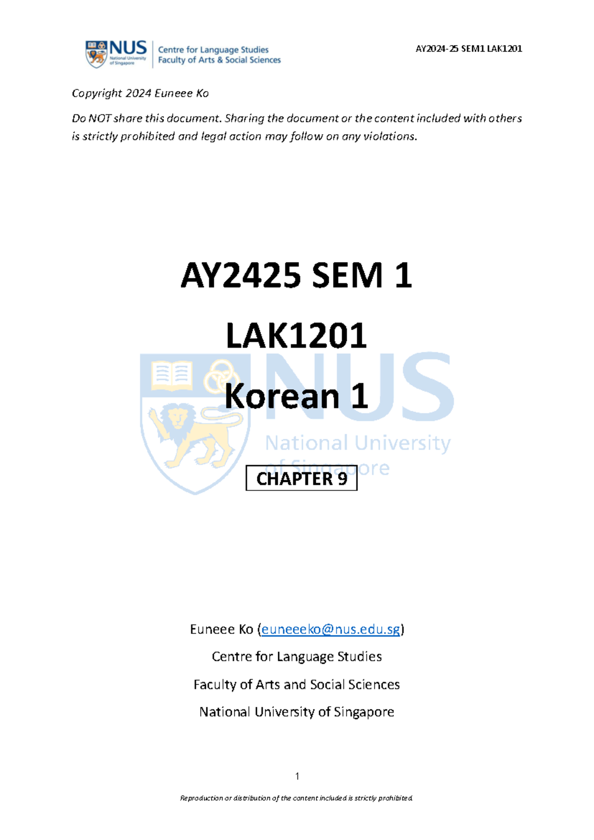 AY2425 SEM1 LAK1201 Ch9 Handout - 1 Copyright 202 4 Euneee Ko Do NOT share this document ...