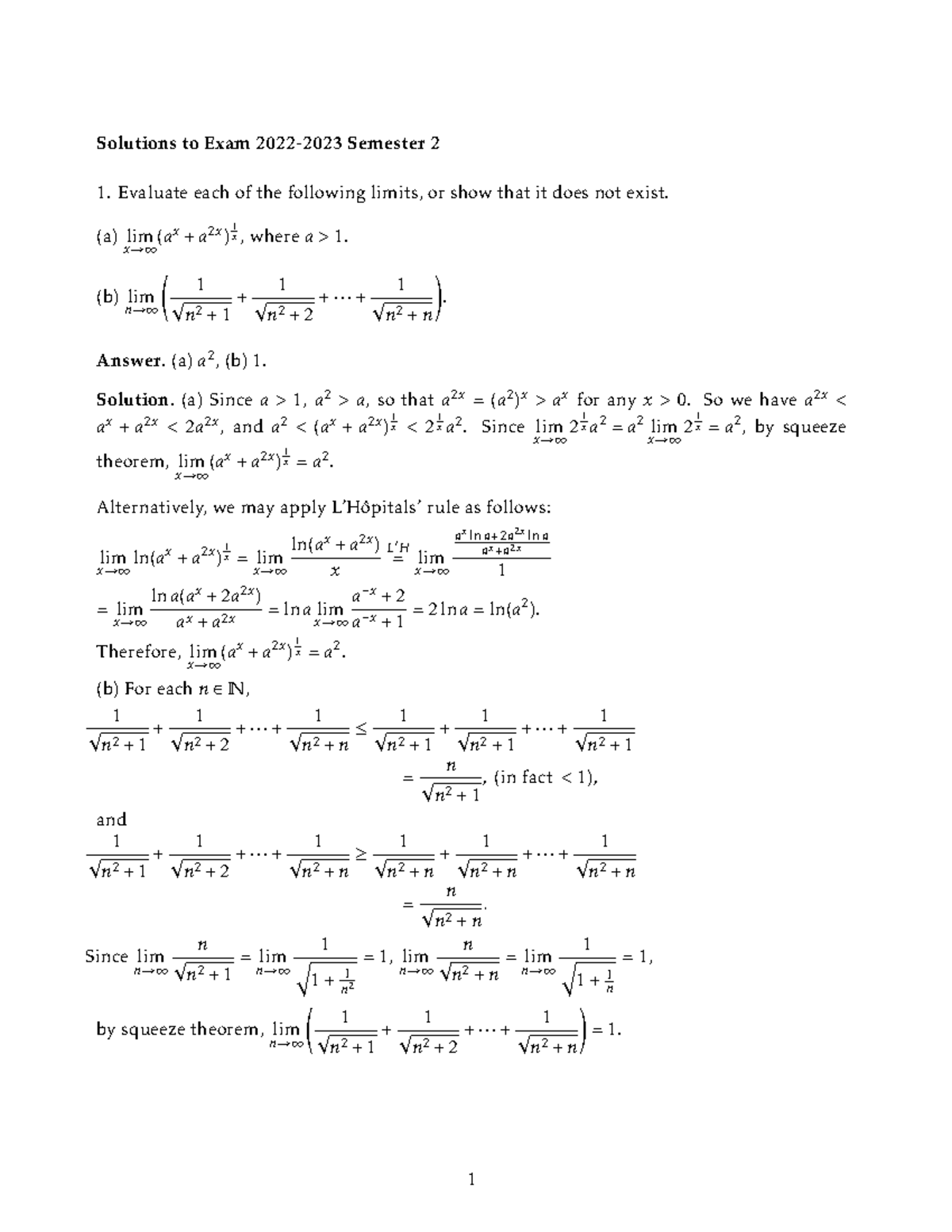 MA1521 Solution Exam 2022 23 S2 - Solutions to Exam 2022-2023 Semester ...