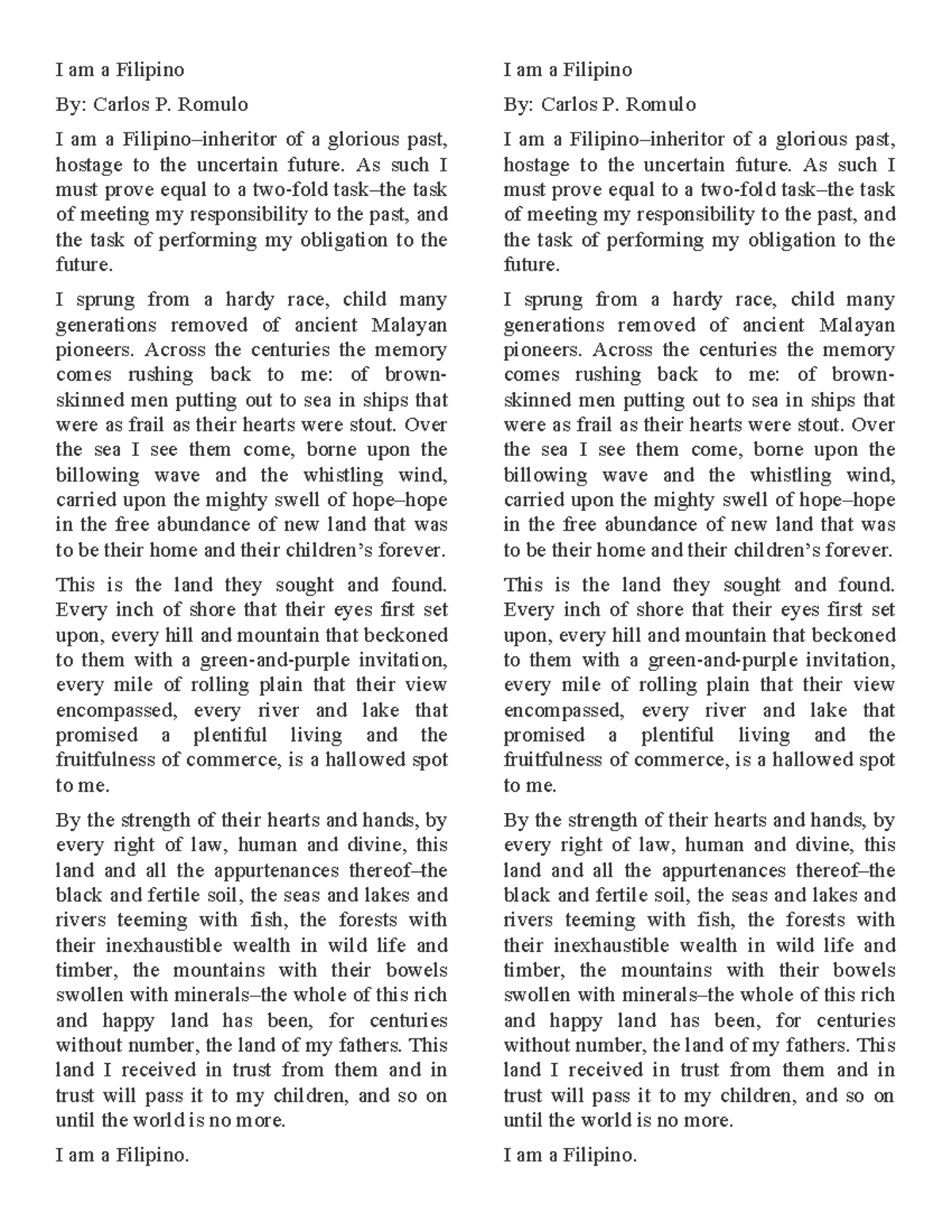 I am a Filipino - English Literature - I am a Filipino By: Carlos P ...