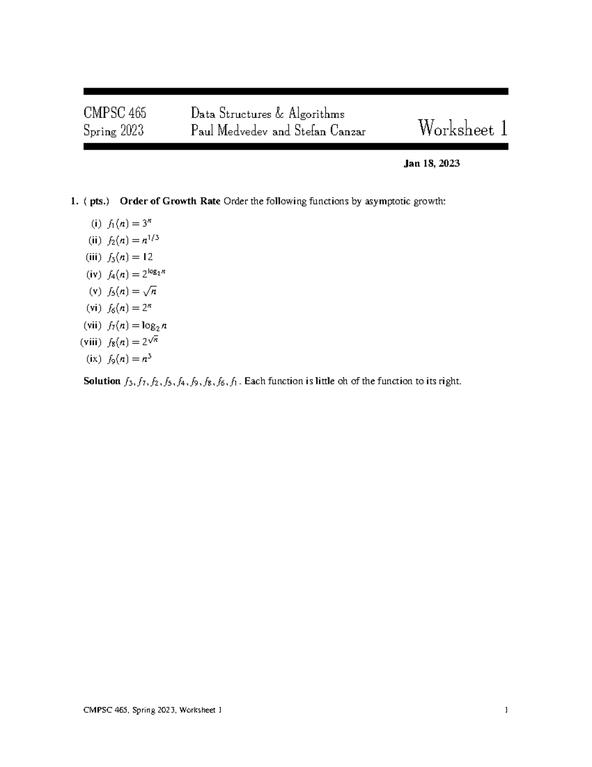 W1-sol - recitation 1 solution - CMPSC 465 Data Structures & Algorithms Spring 2023 Paul - Studocu