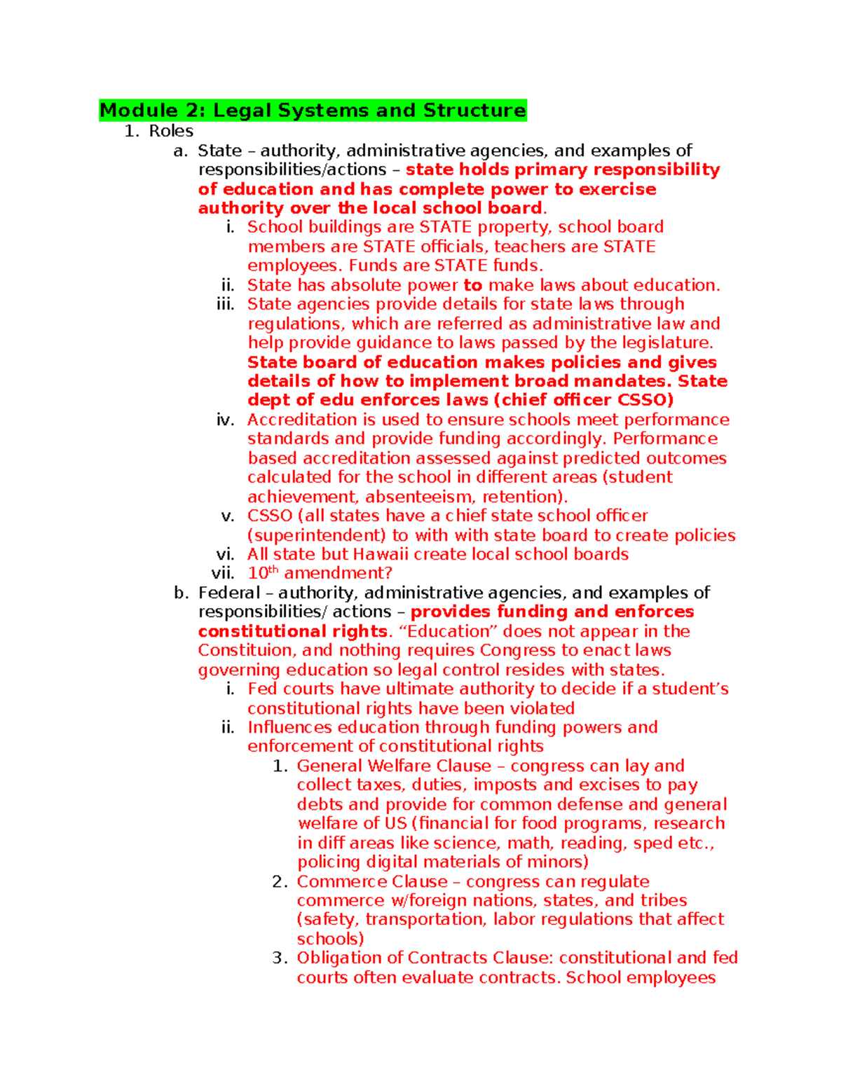 D017 Study Guide Module 2 - Module 2: Legal Systems and Structure Roles a. State – authority ...