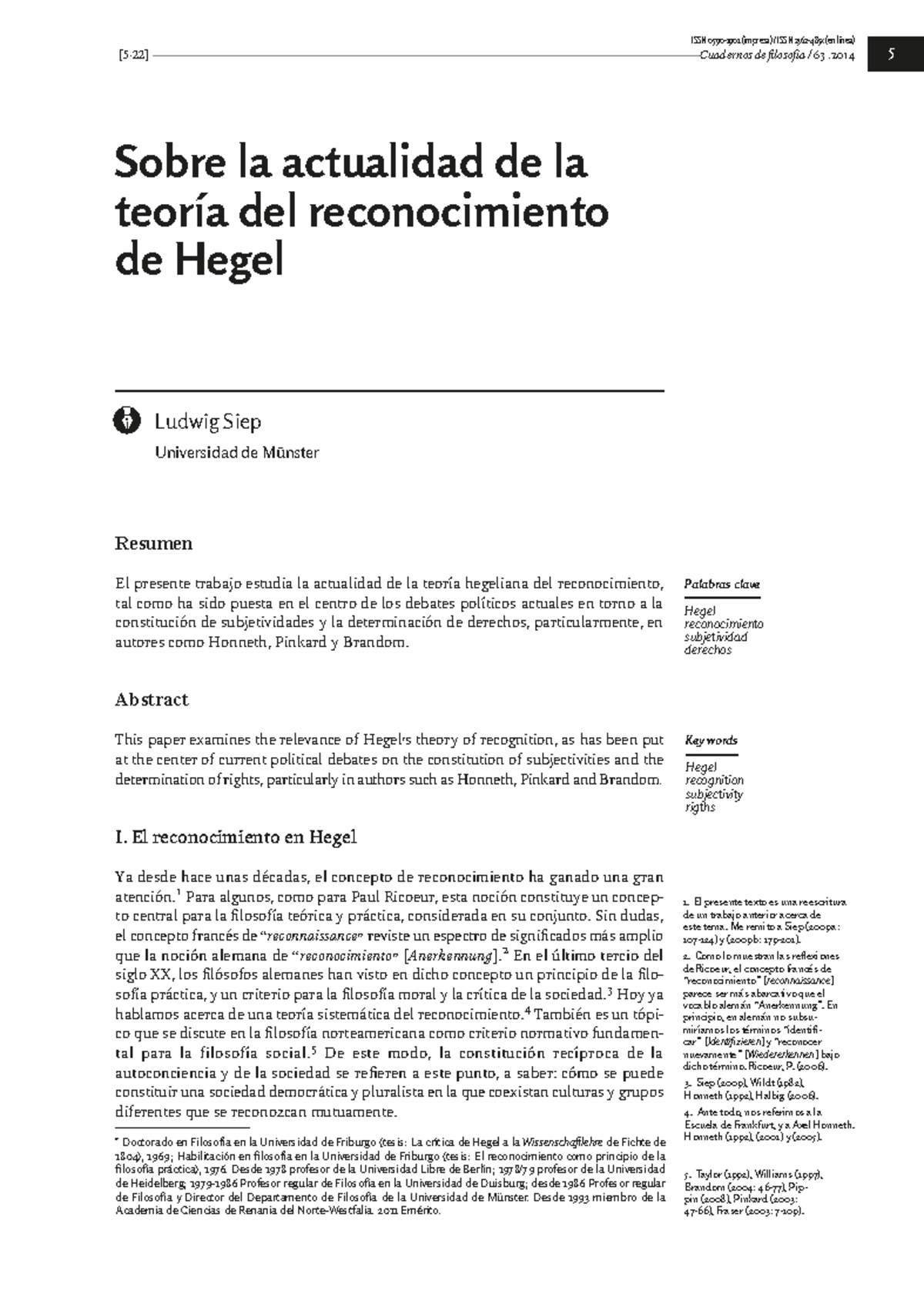 Sobre la actualidad de la teoría del reconocimiento de Hegel - [5-22] Cuadernos de filosofía /63 ...