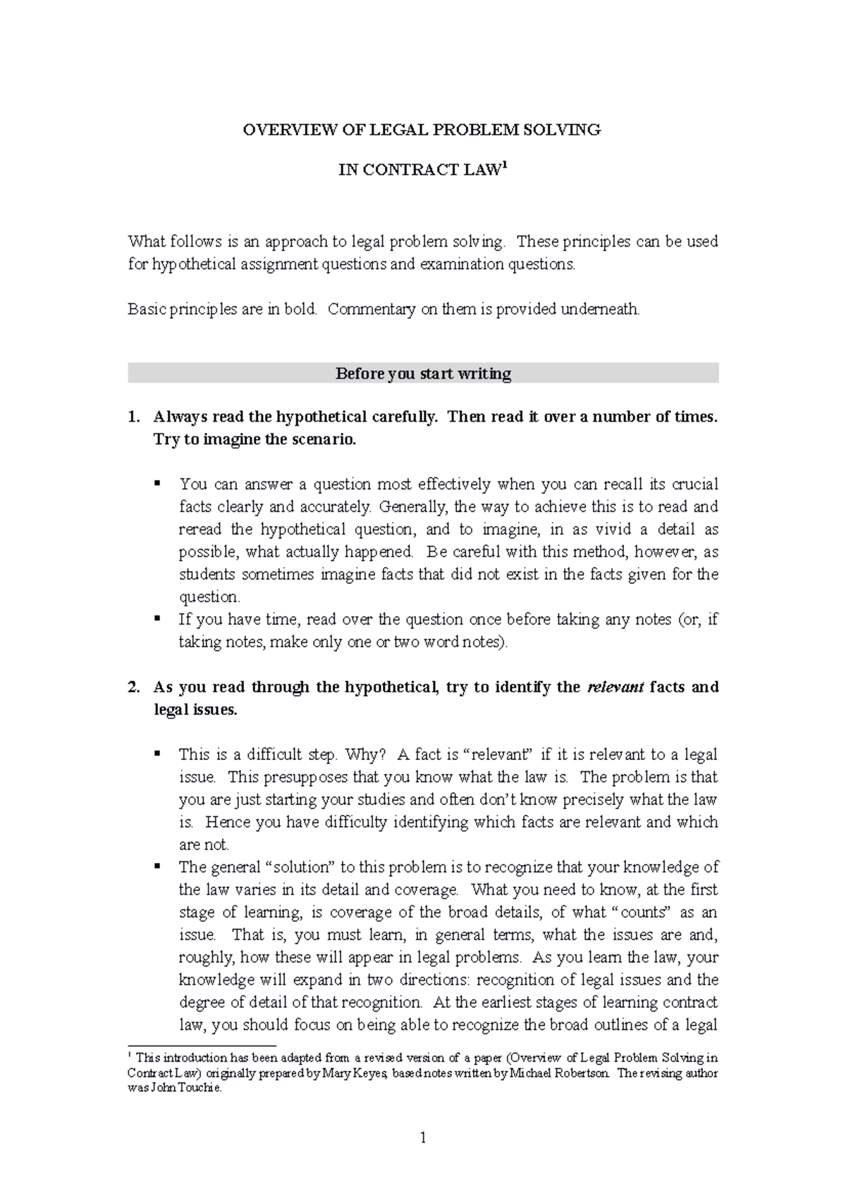 Tips and tricks - OVERVIEW OF LEGAL PROBLEM SOLVING IN CONTRACT LAW 1 What follows is an ...