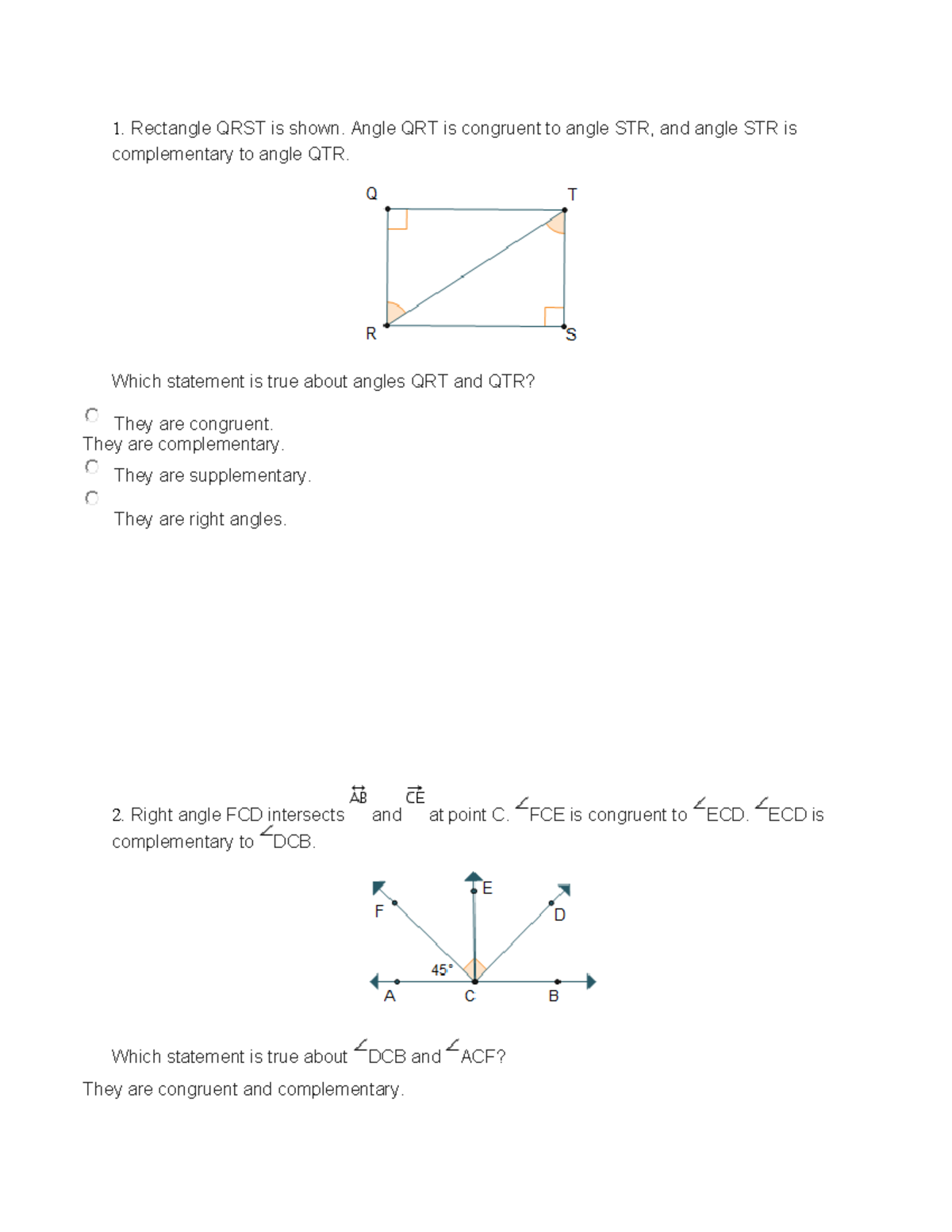 Complementary and Supplementary Angles Geometry Quiz - 1. Rectangle ...