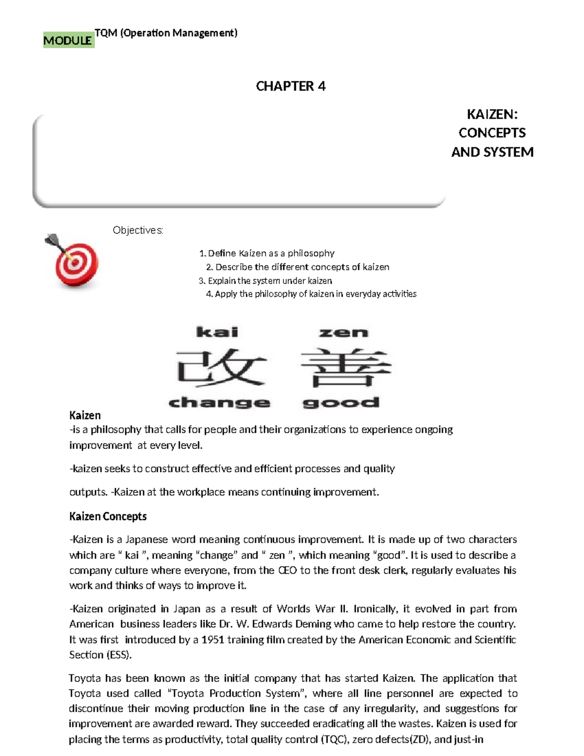 Chapter 4 Kaizen Concepts AND System - MODULE TQM (Operation Management) CHAPTER 4 KAIZEN ...
