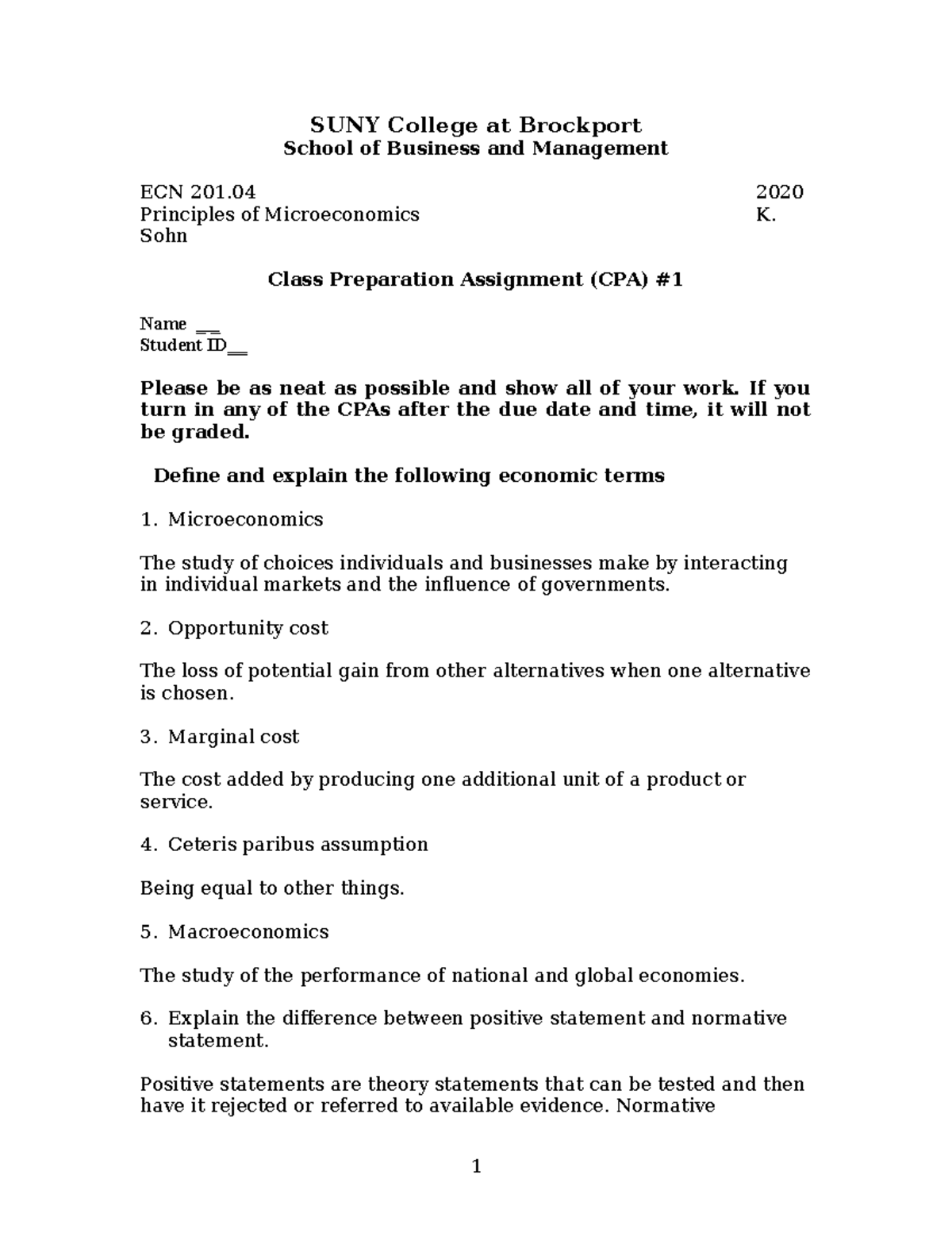 CPA 1 - Fall 2020 semester with Professor Sohn - SUNY College at ...