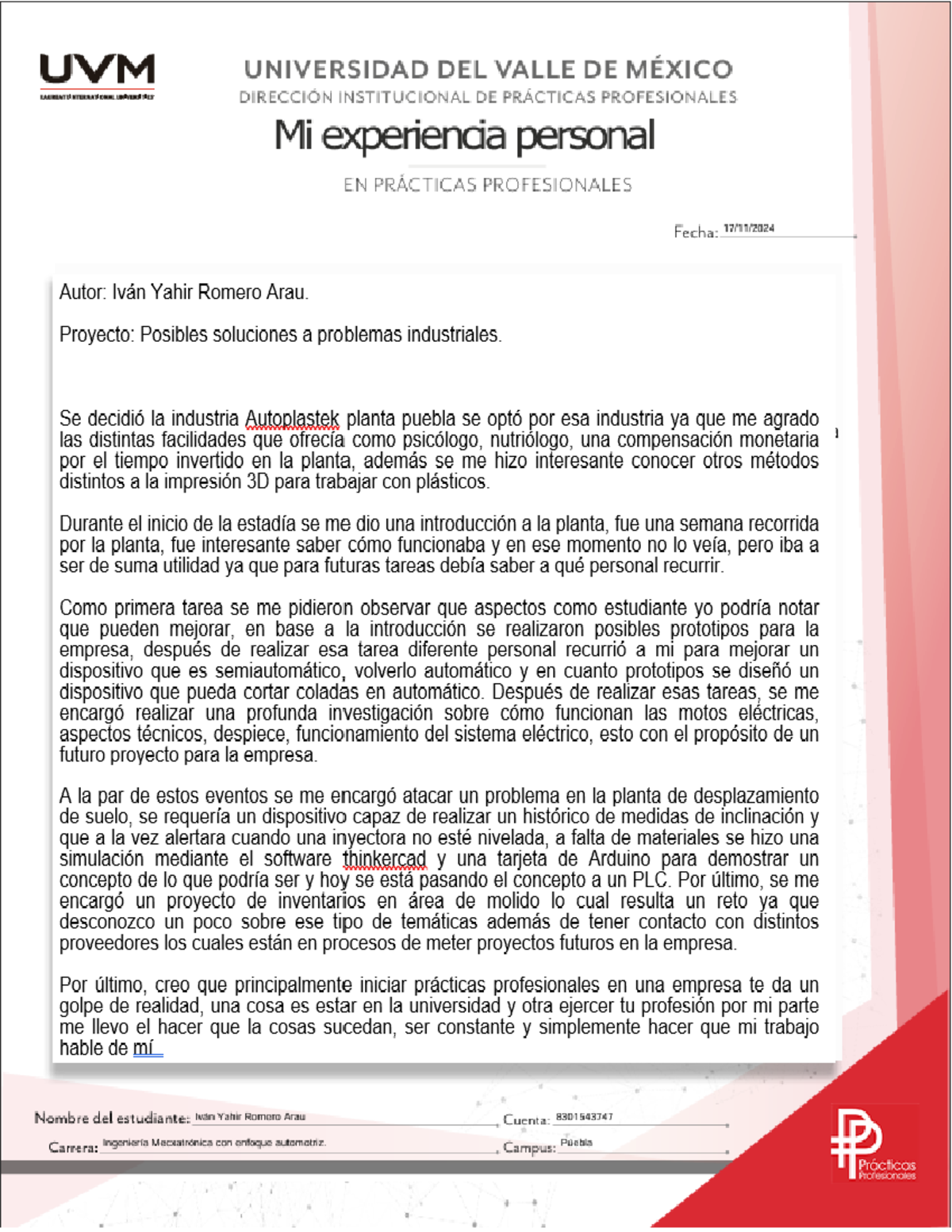 Ensayo final - UVM UNIVERSIDAD DEL VALLE DE MÉXICO dus DIRECCIÓN INSTITUCIONAL DE PRÁCTICAS ...