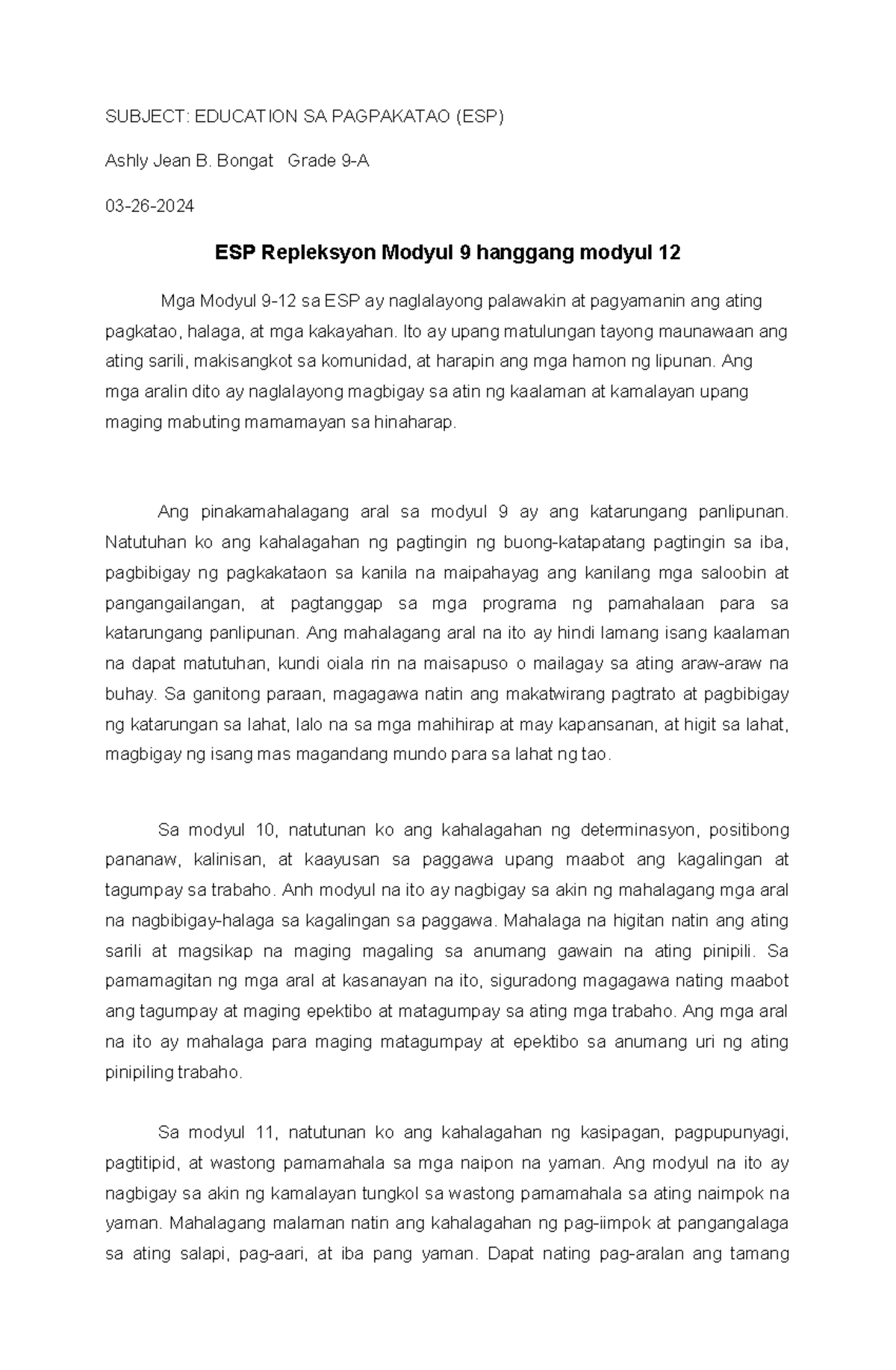 ESP Repleksyon - Reflection Paper on ESP - SUBJECT: EDUCATION SA PAGPAKATAO (ESP) Ashly Jean B ...