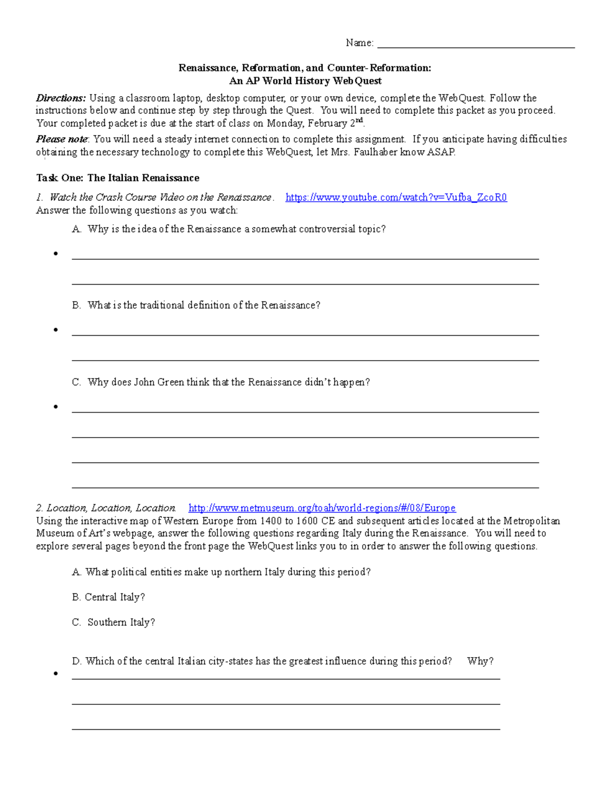 Renaissance Web Quest - idk - Name ...