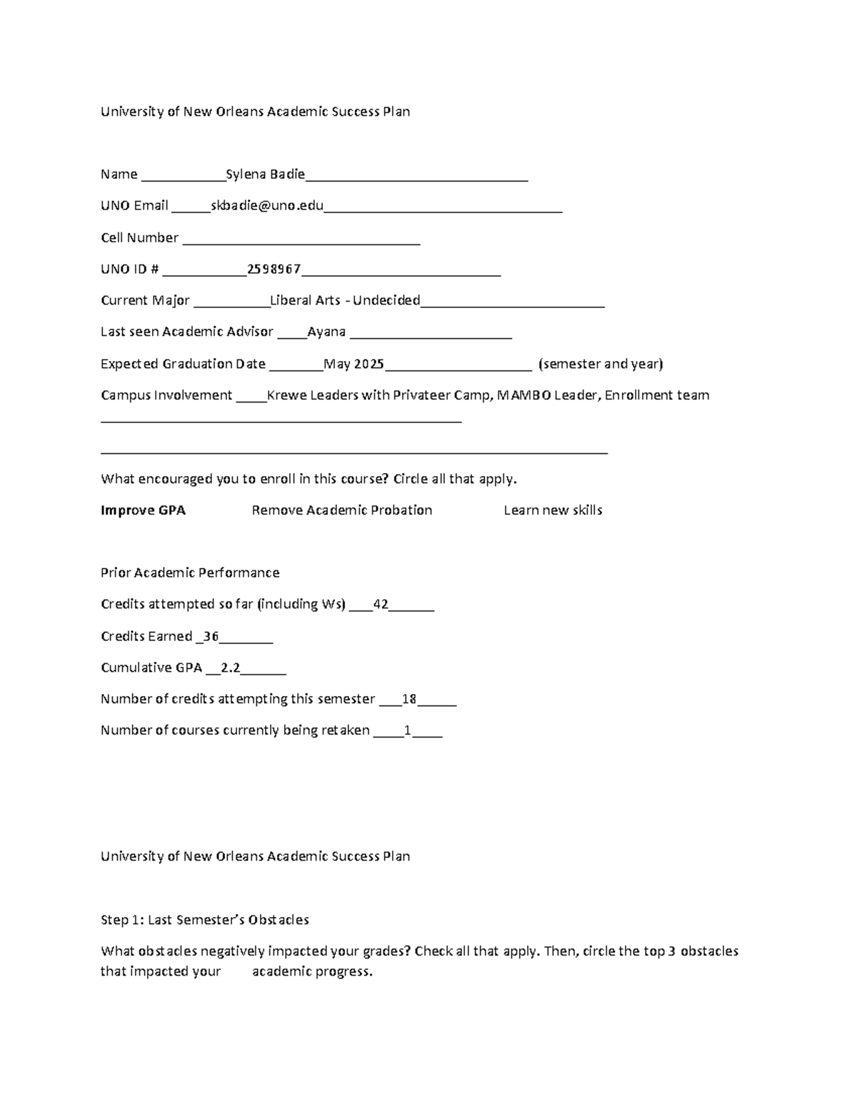 Academic Success Plan - assignment completion - University of New ...