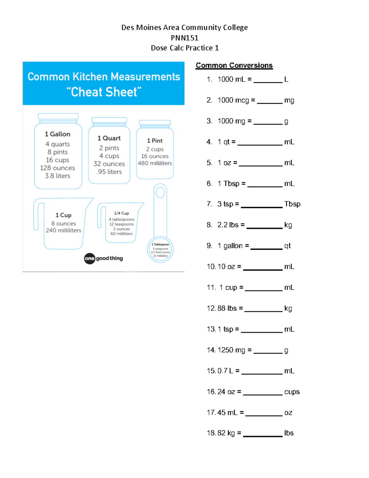 Dose Calc Practice 1 - PNN Dose Calc Practice 1 Common Conversions 1 ...