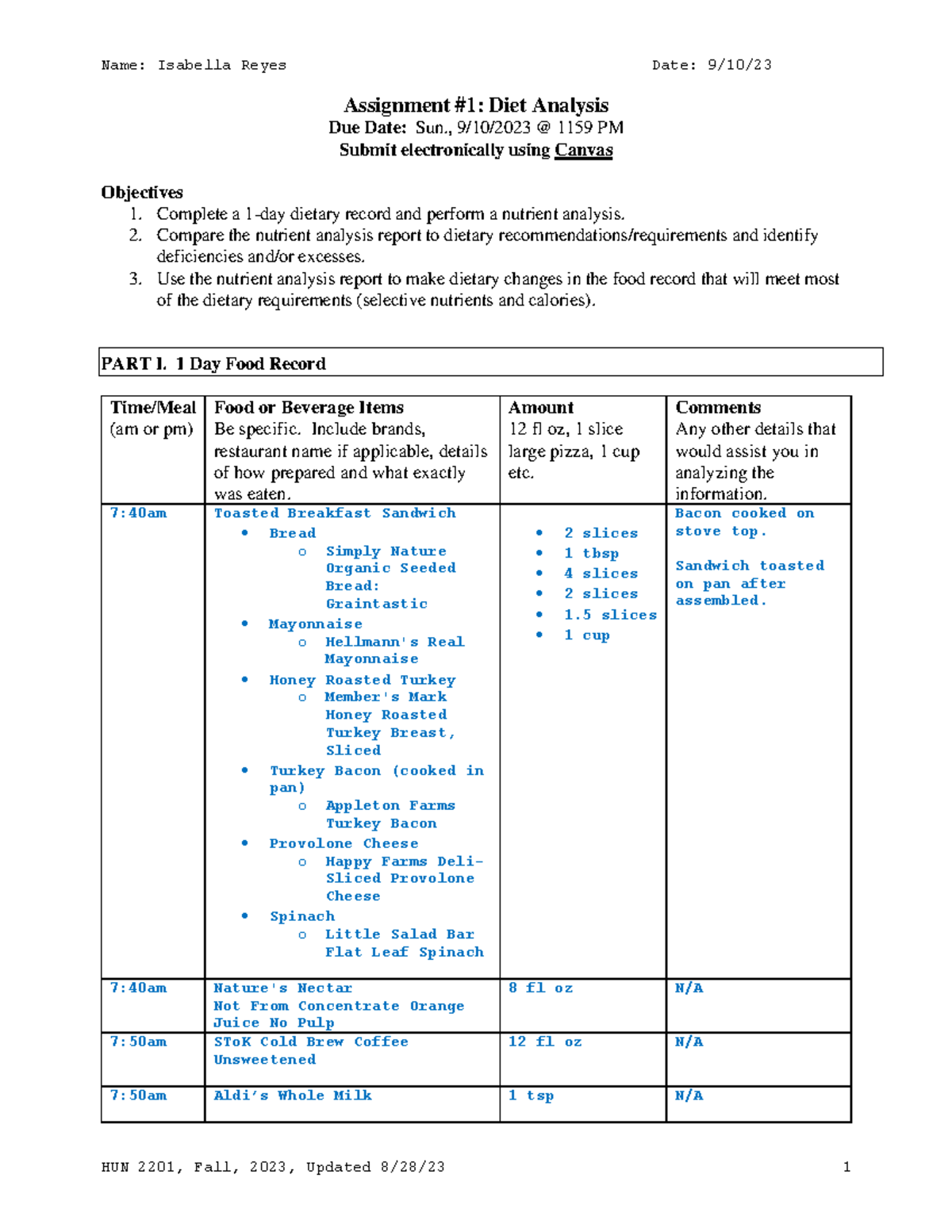 HUN 2201 Assignment 1 Diet and Nutrient Analysis Fall 23 - Assignment #1: Diet Analysis Due Date ...