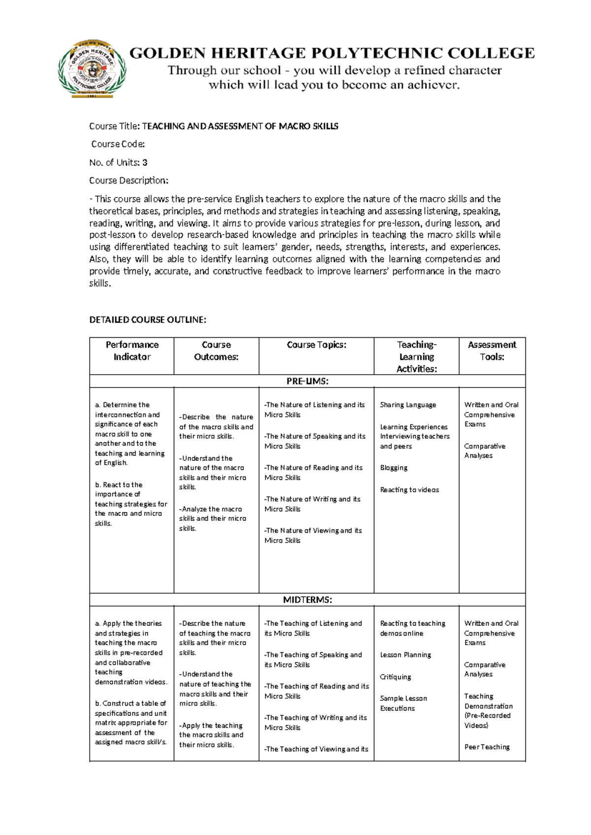 Teaching and Assessment of Macro Skills - Course Title: TEACHING AND ...