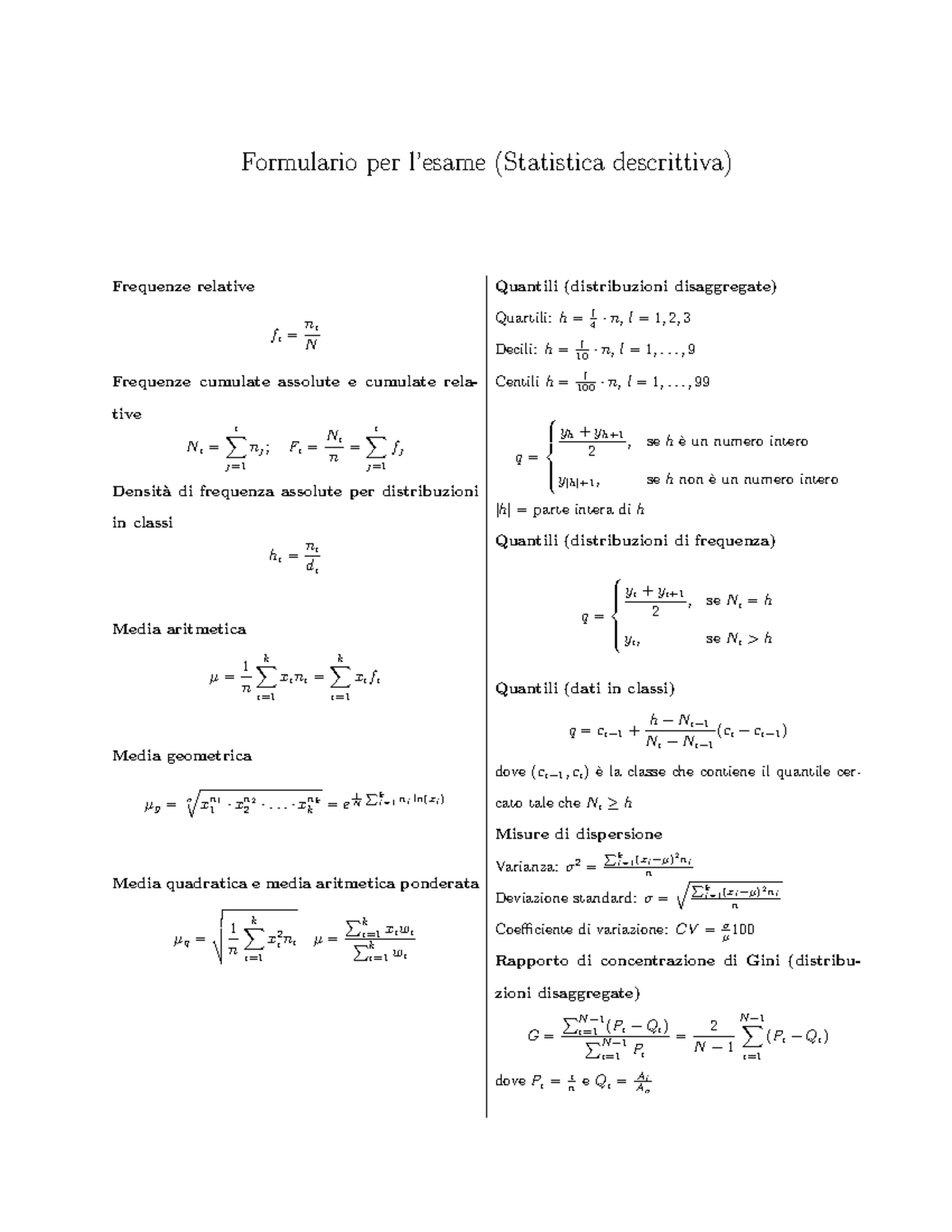 Formulario descrittiva di statistica - Formulario per l’esame ...