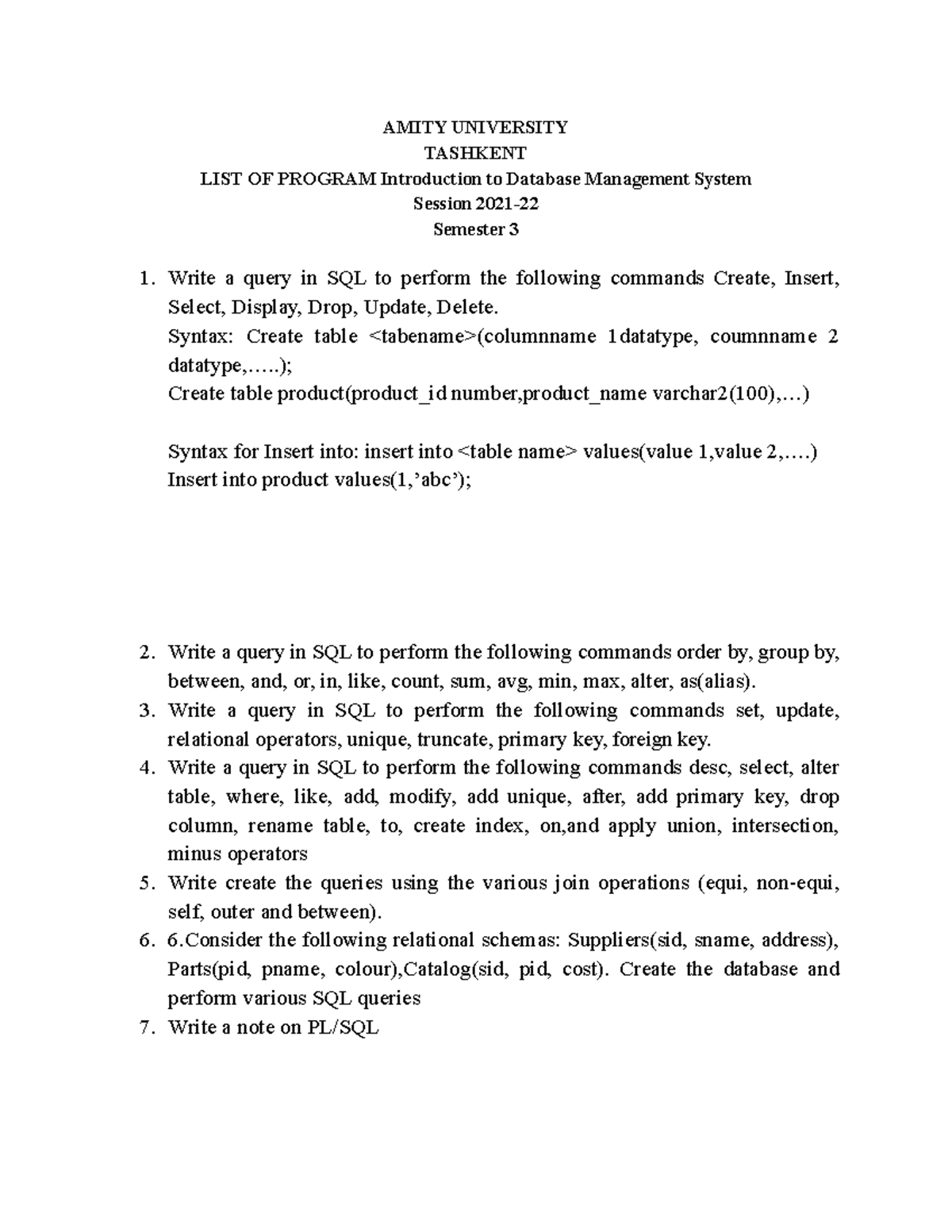 List of Program - Lecture notes 1 - AMITY UNIVERSITY TASHKENT LIST OF ...