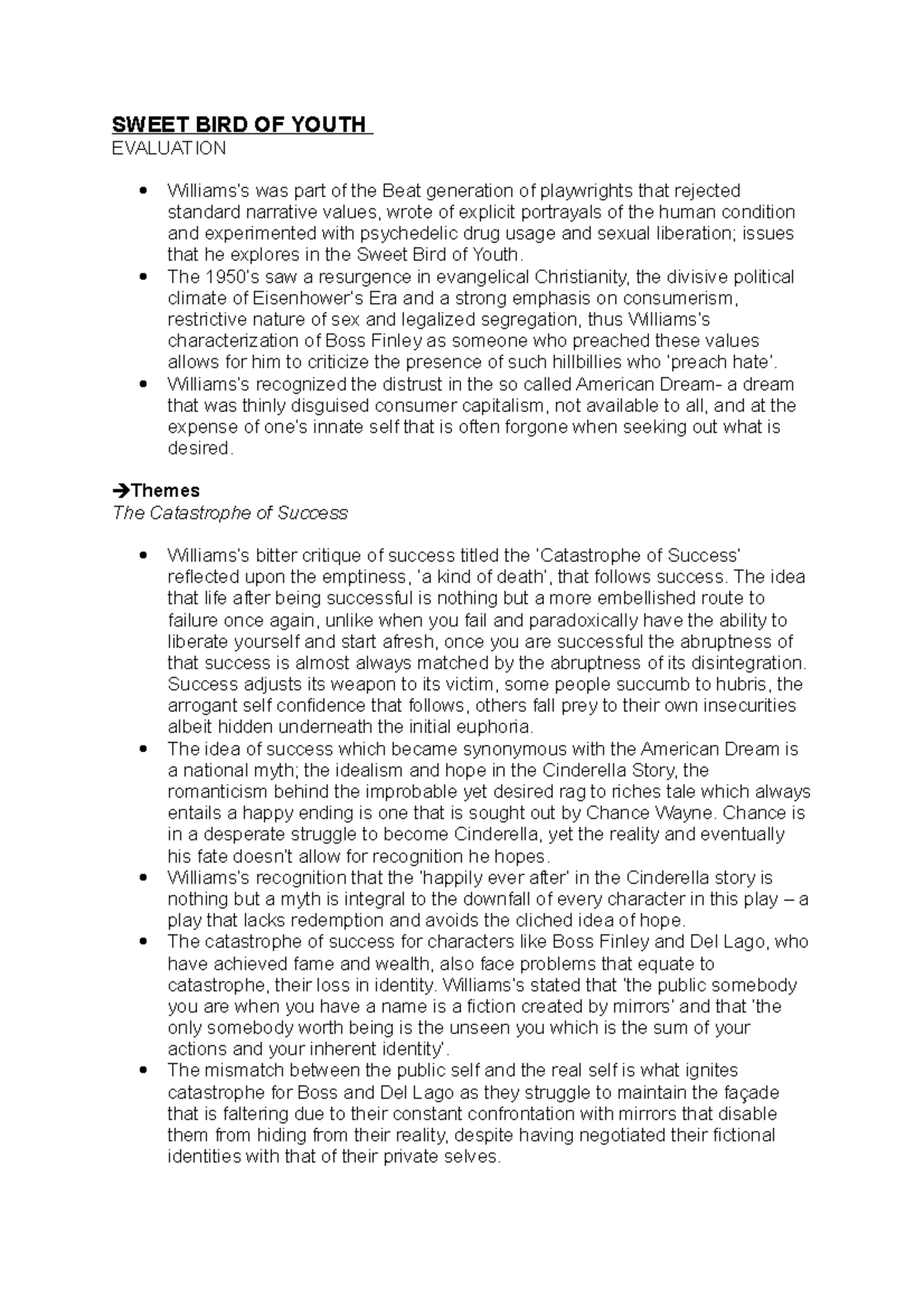 Sweet bird of youth - SWEET BIRD OF YOUTH EVALUATION Williams’s was ...