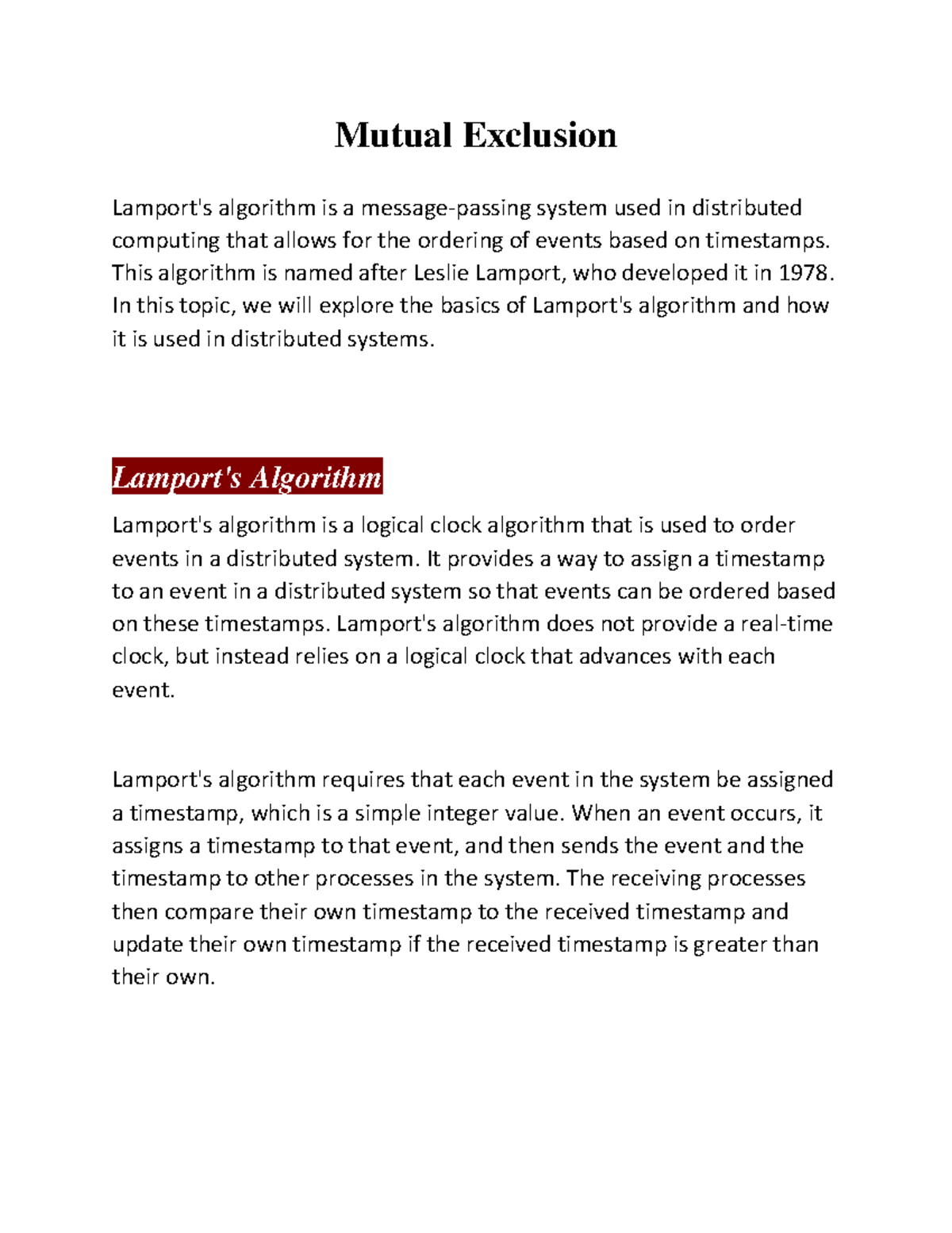 Mutual Exclusion - Lamport's Algorithm - Mutual Exclusion Lamport's algorithm is a message ...