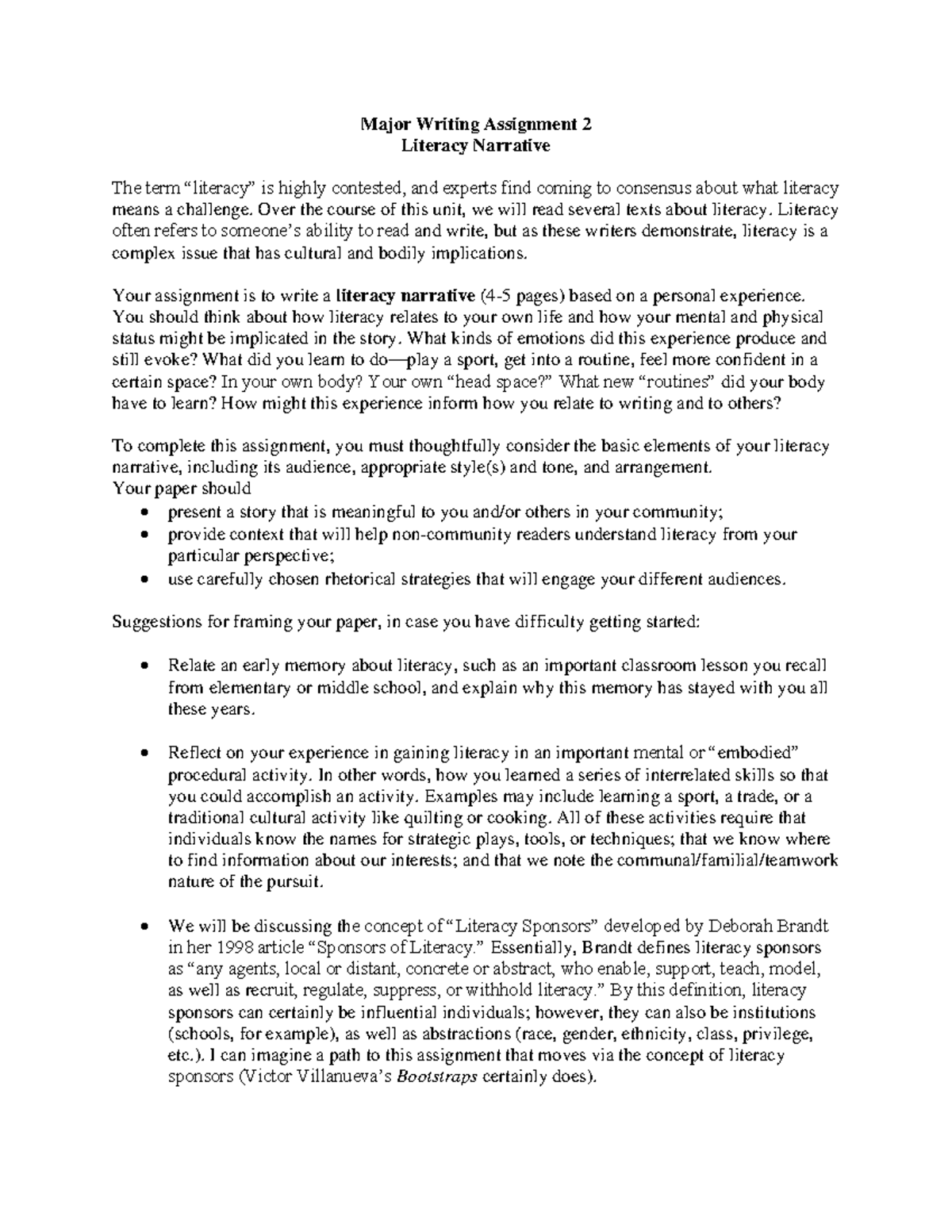 Literacy Narrative Assignment #2 Daehnke - Major Writing Assignment 2 ...