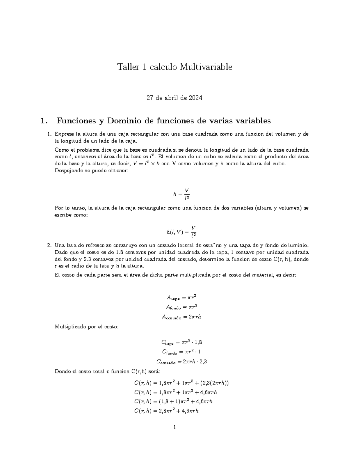 Taller 1 Calculo multivariable - Taller 1 calculo Multivariable 27 de ...
