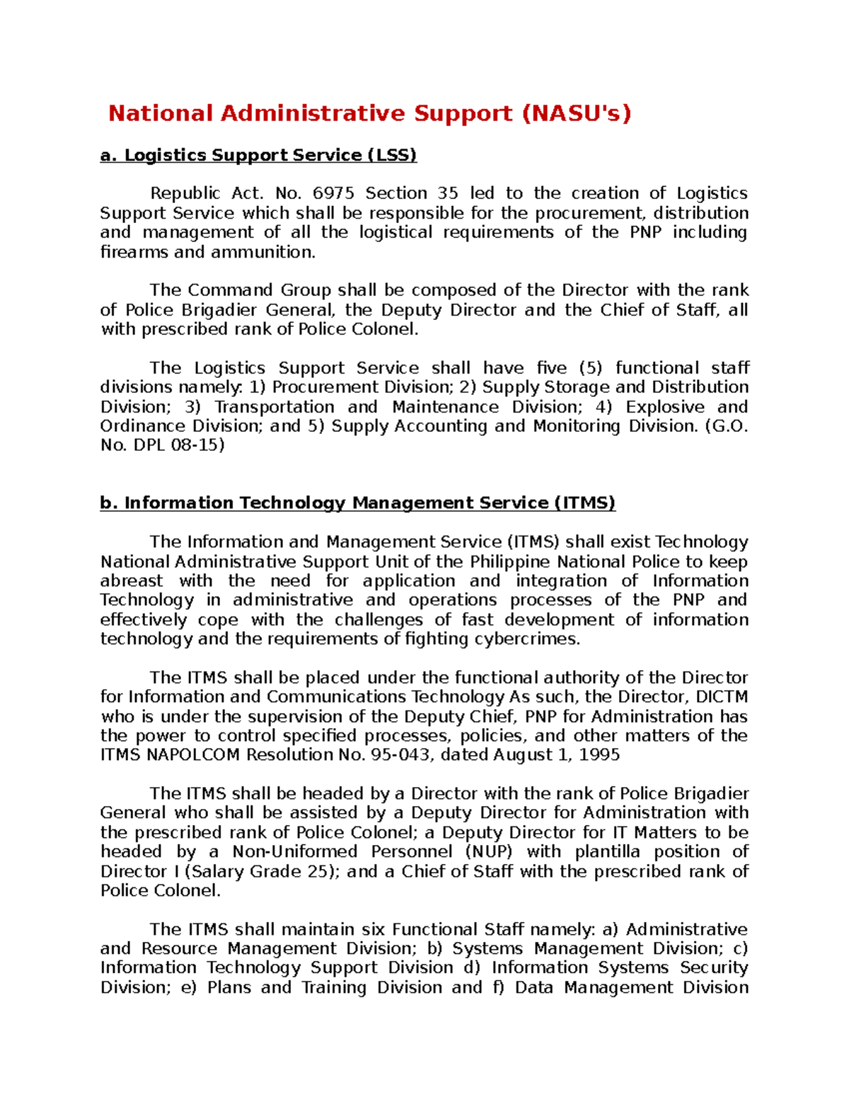 LEA1 National Administrative Support (NASU's) - Logistics Support ...