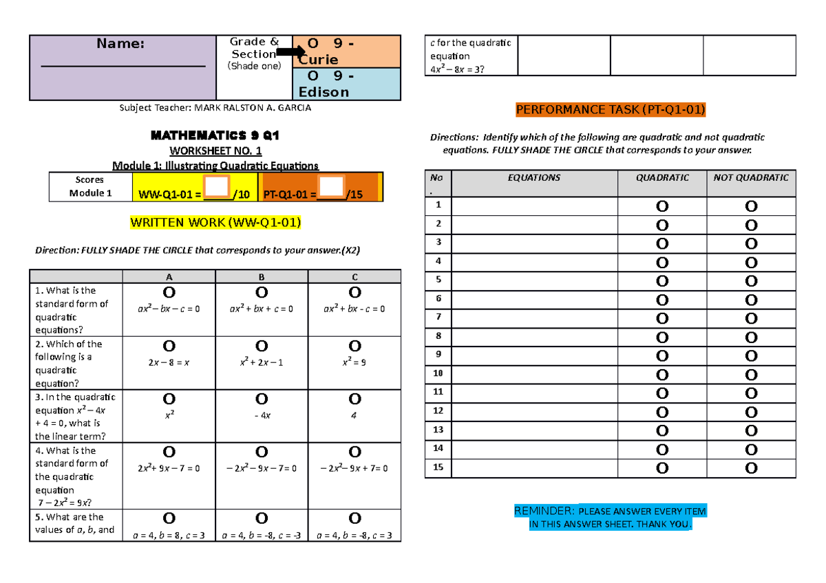 Math 9 Q1 M1 Worksheet 1 - Name: ________________________ Grade ...