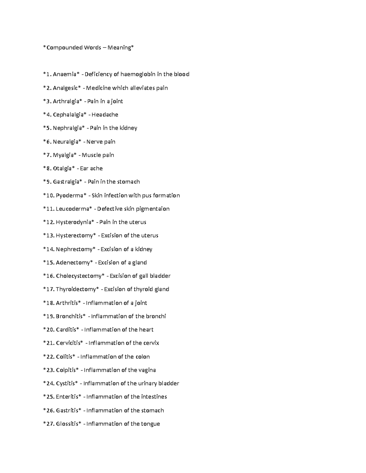 Med terms - Medical Terminology - Compounded Words – Meaning 1. Anaemia ...