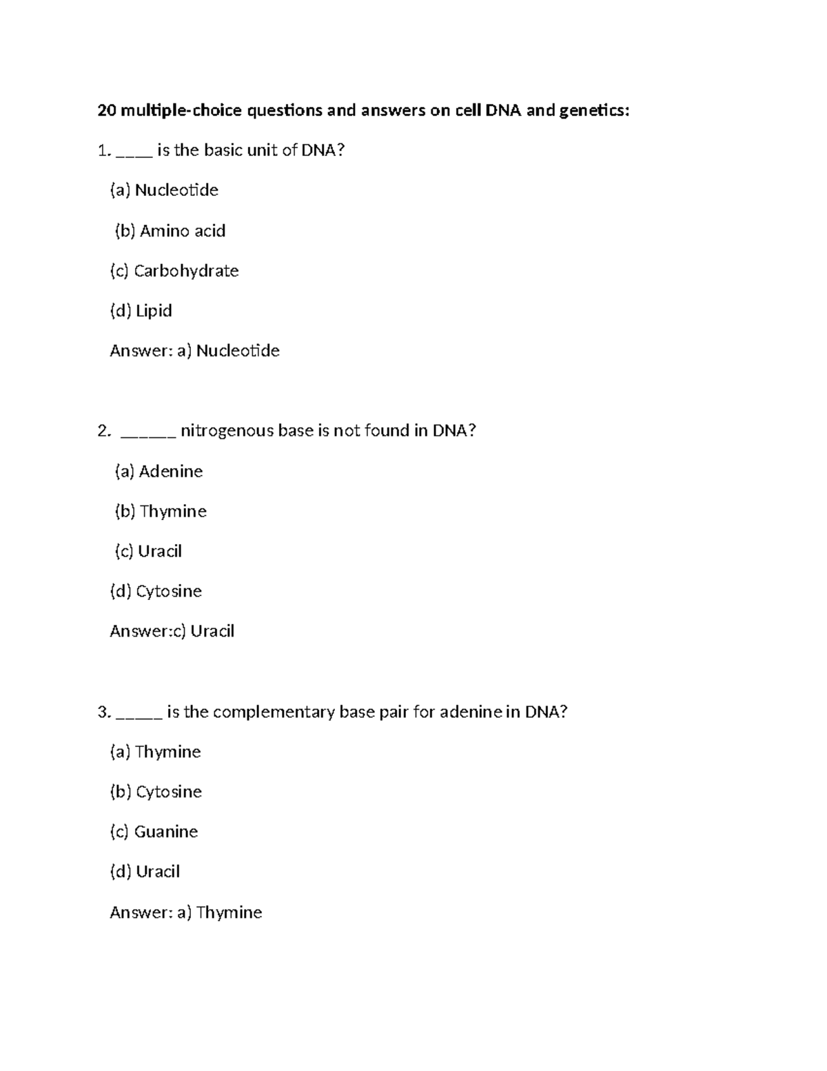 20 multiple-choice questions and answers on cell DNA and genetics - Studocu