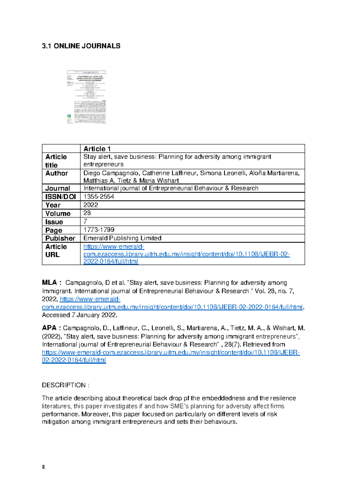 Journal essays elc - 8 3 ONLINE JOURNALS Article 1 Article title Stay ...