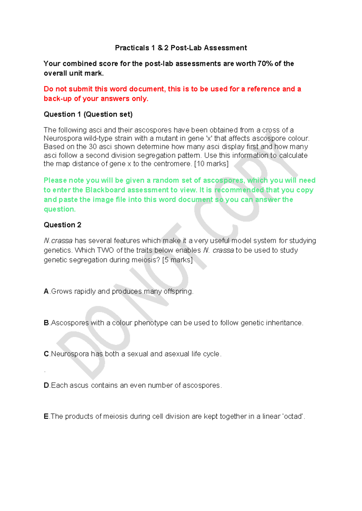 BIOL21041 Practical 1and2 Post Lab - Practicals 1 & 2 Post-Lab Assessment Your combined score ...