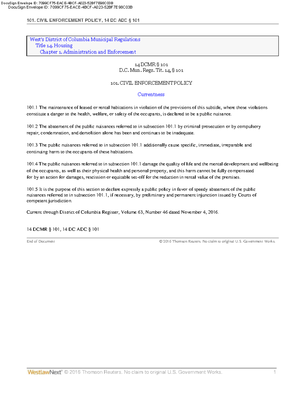 0017 y RMC DC 14 DCMR 101 Statute - 101. CIVIL ENFORCEMENT POLICY, 14 ...