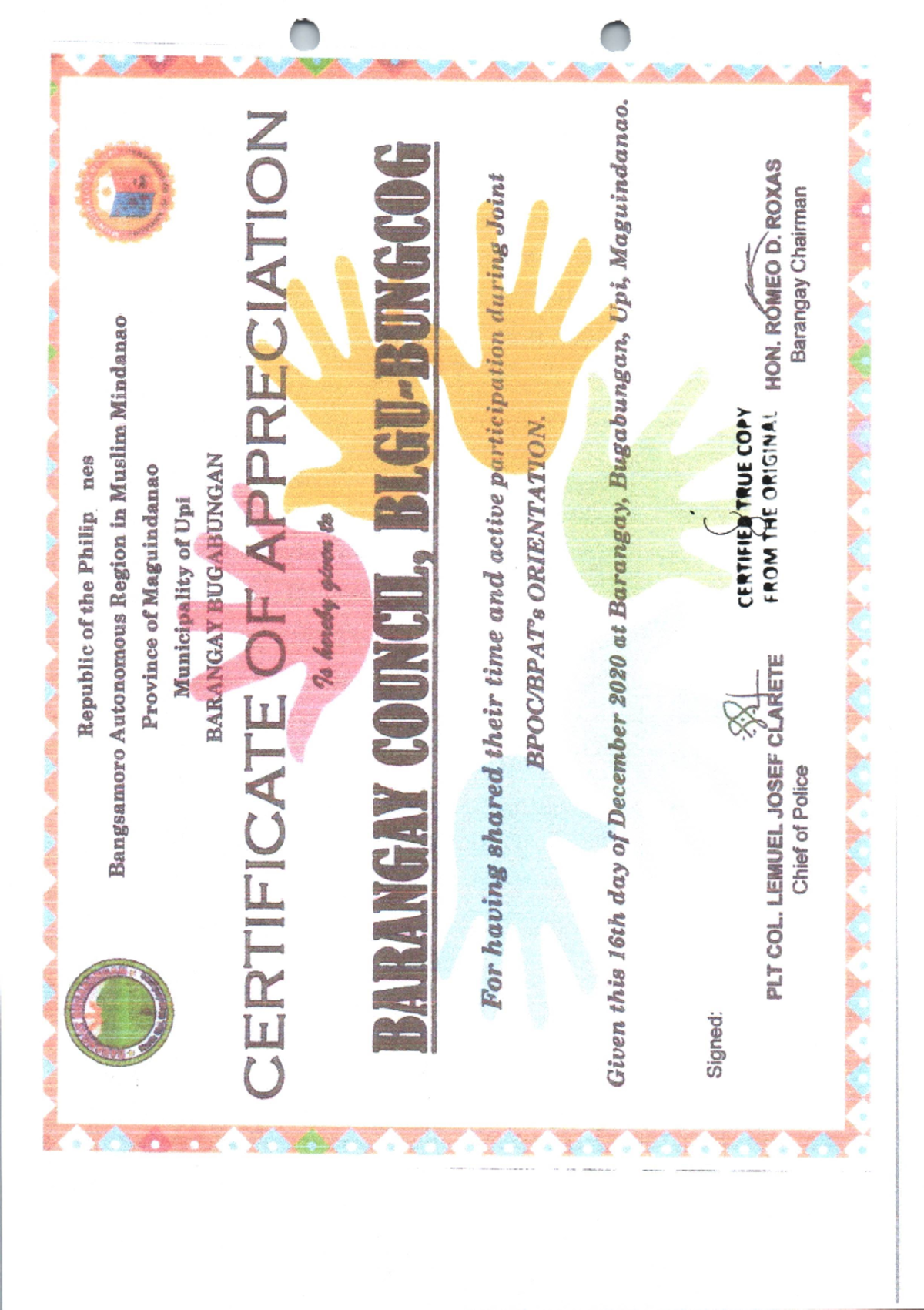 3.4.2 CTC Proof of Training Brgy Tanod - Republic of the Philip nes Bangsamoro Autonomous Region ...