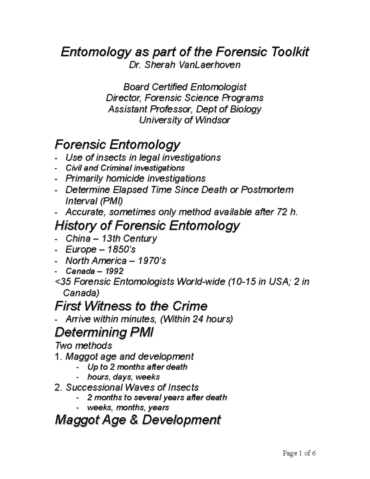 Lecture Notes Lecture 4 Entomology Handout Entomology As Part Of The Forensic Toolkit Dr